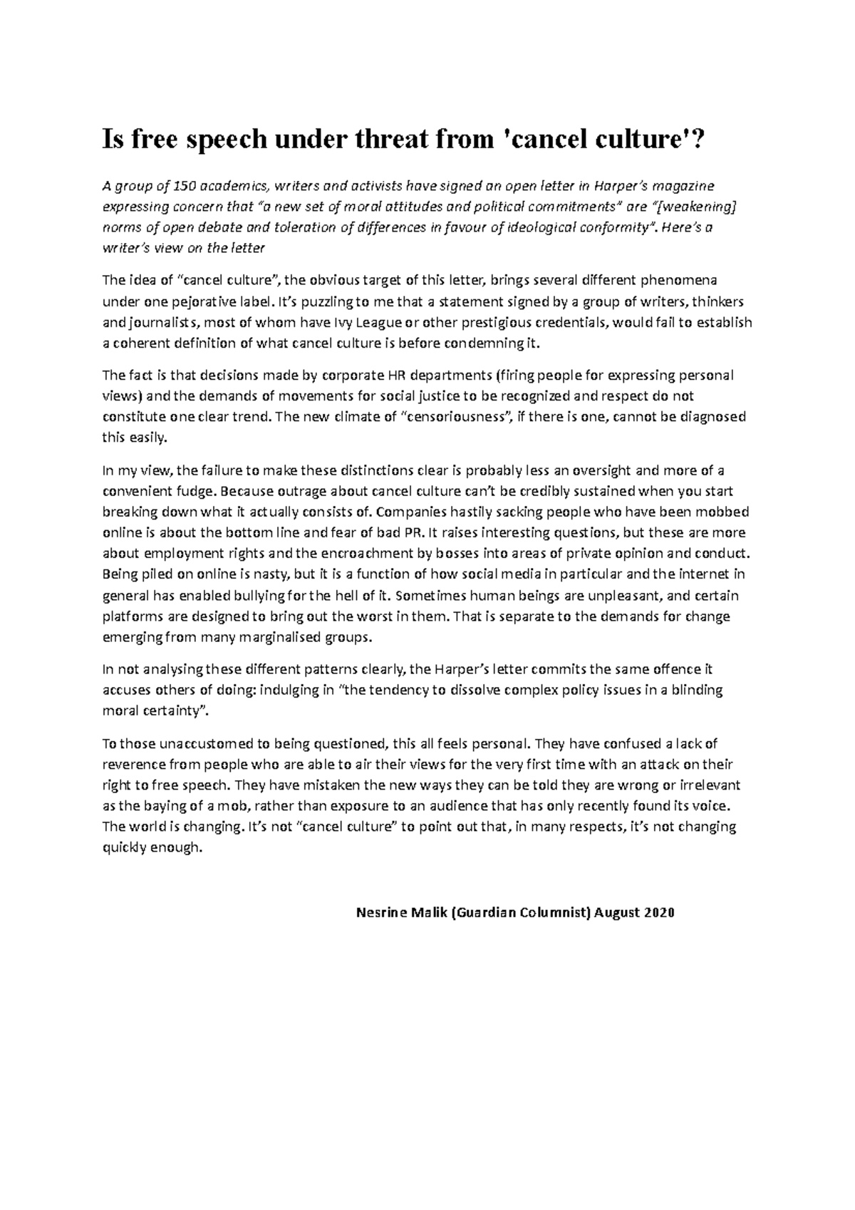 Cancel culture - text - Is free speech under threat from 'cancel ...