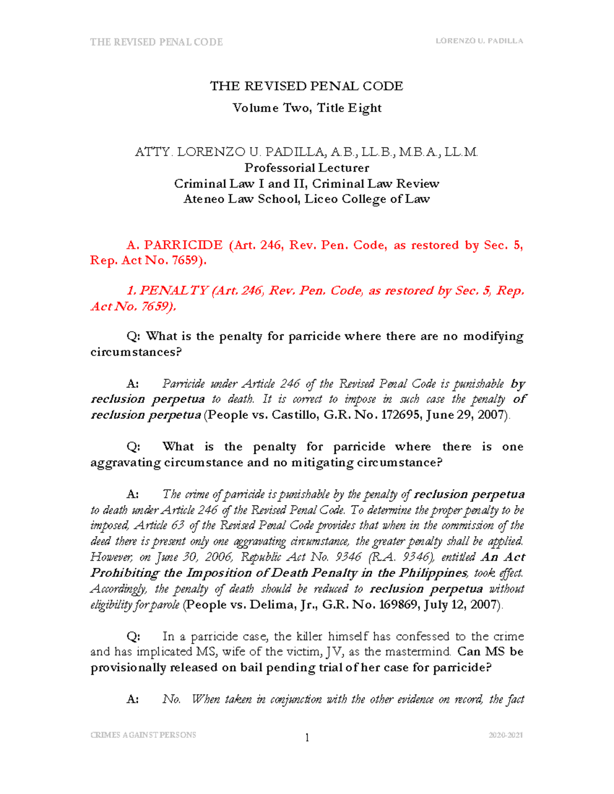 Integrated Quizlers Title 8-1 - THE REVISED PENAL CODE LORENZO U ...
