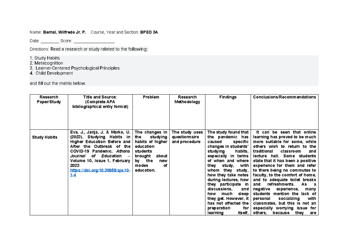 Matrix for Researching - Name: Bernal, Wilfredo Jr. P. Course, Year and ...