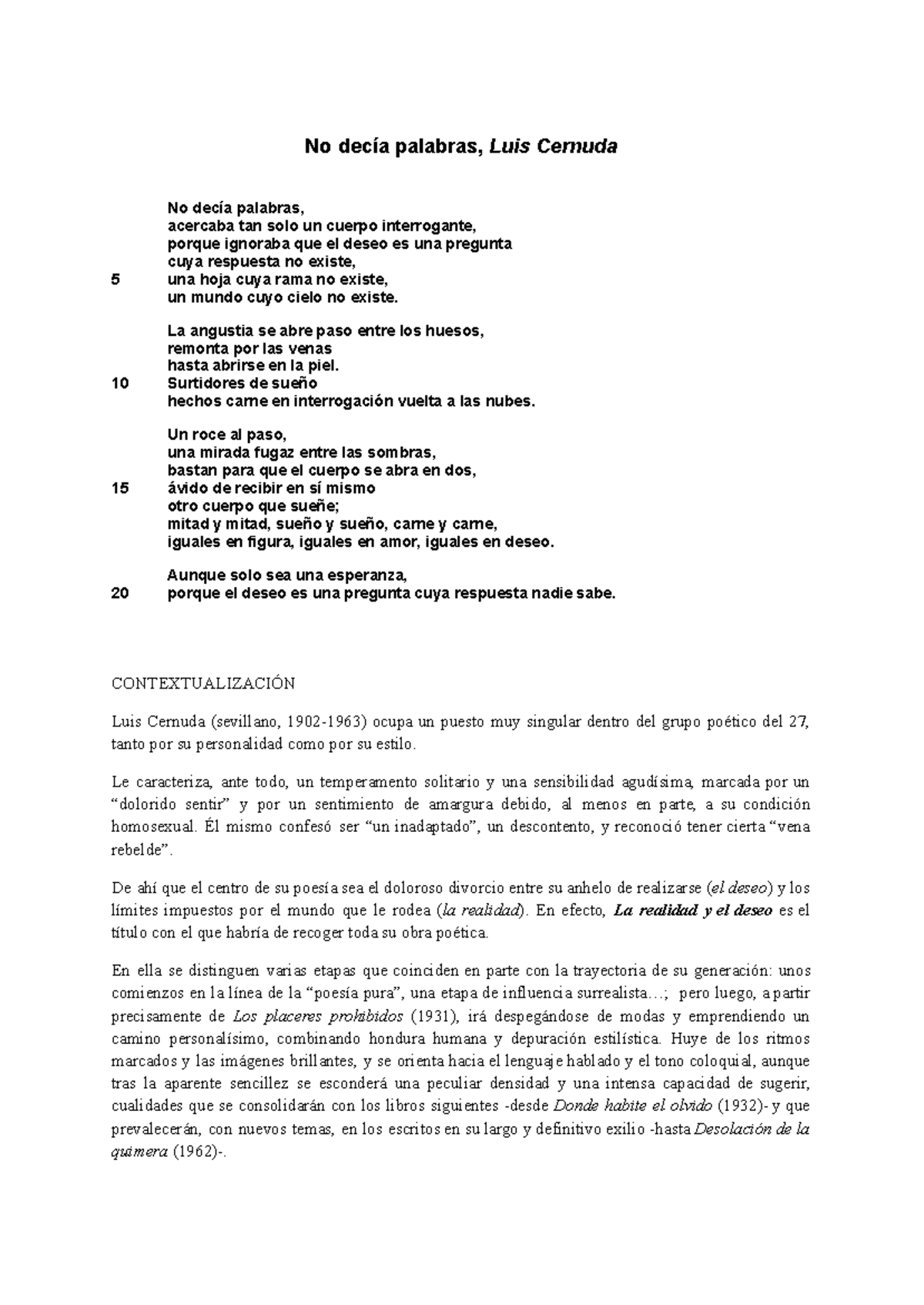 Poema 6-No decia palabras - No decía palabras, Luis Cernuda No decía ...