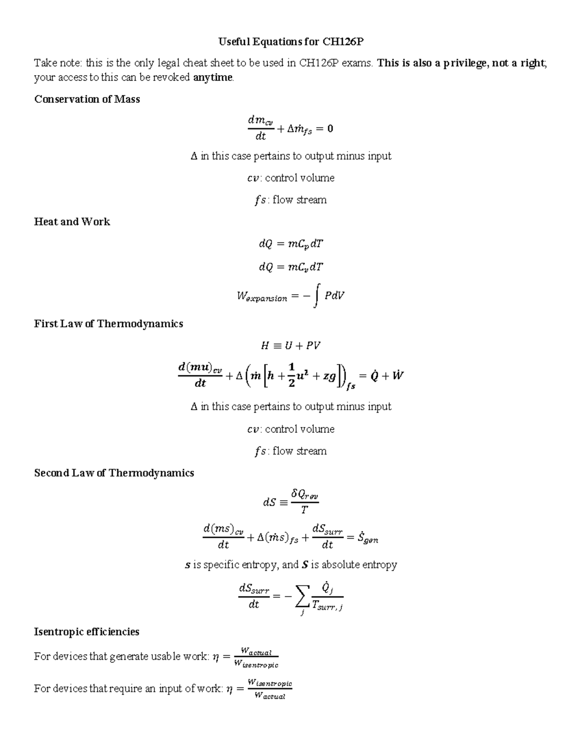 Useful Equations for CH126P - Chemical Engineering Calculations 1 ...