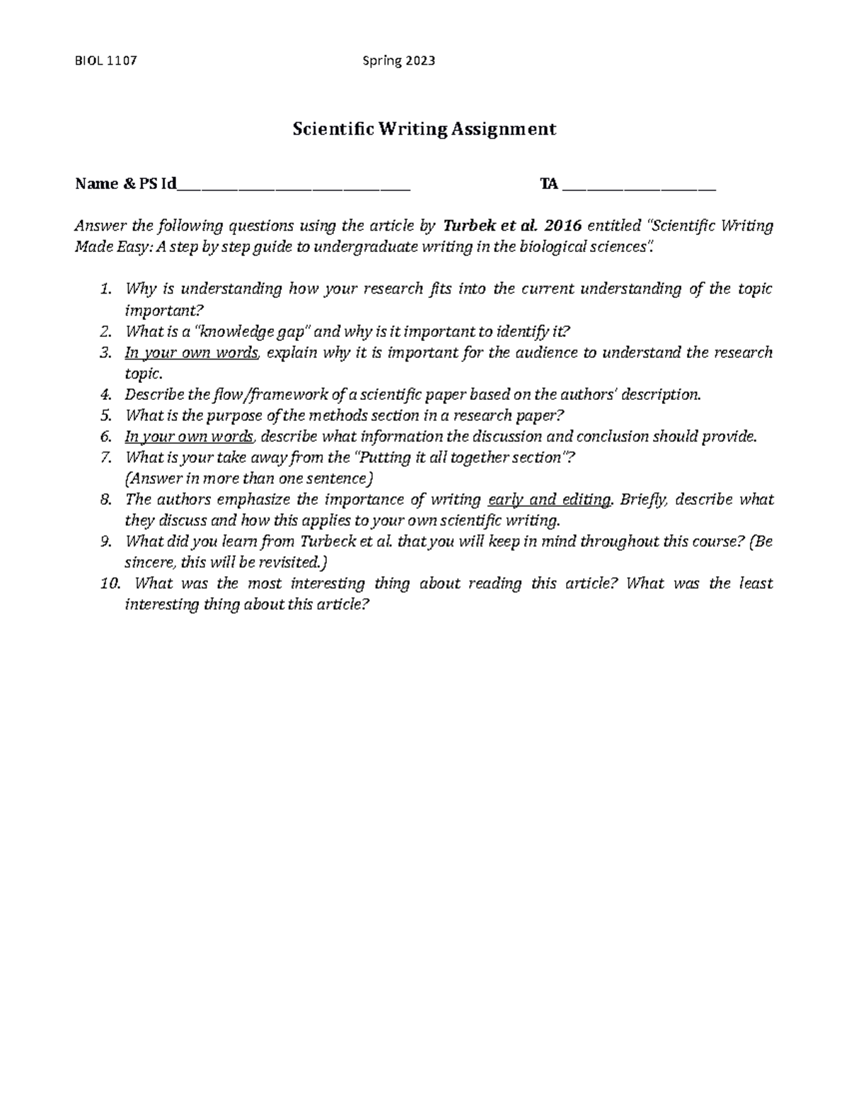 Intro Sci-Writing Qs - work - BIOL 1107 Spring 2023 Scientific Writing ...