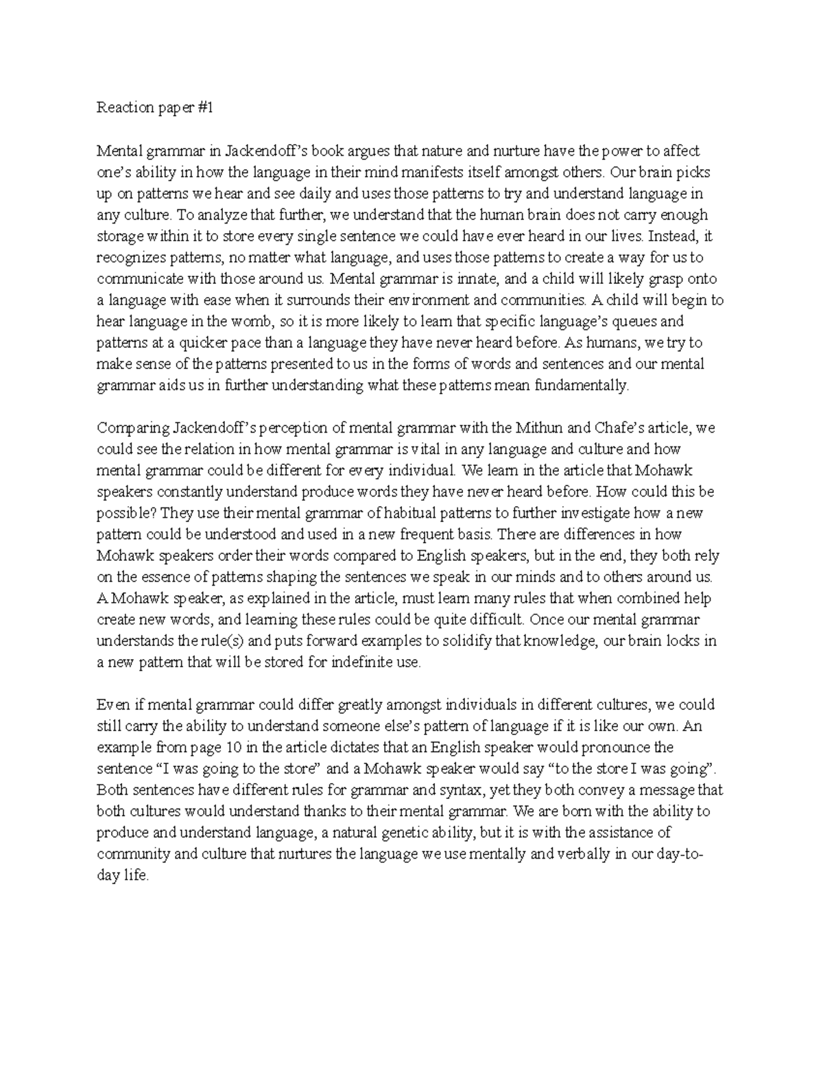 Reaction paper 1 - Our brain picks up on patterns we hear and see daily ...