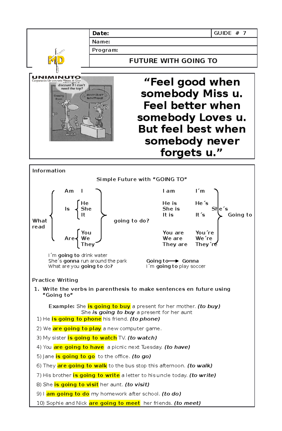Guia 7 - GUIAS DE CLASE INGLES 3 - Date: GUIDE # 7 Name: Program ...