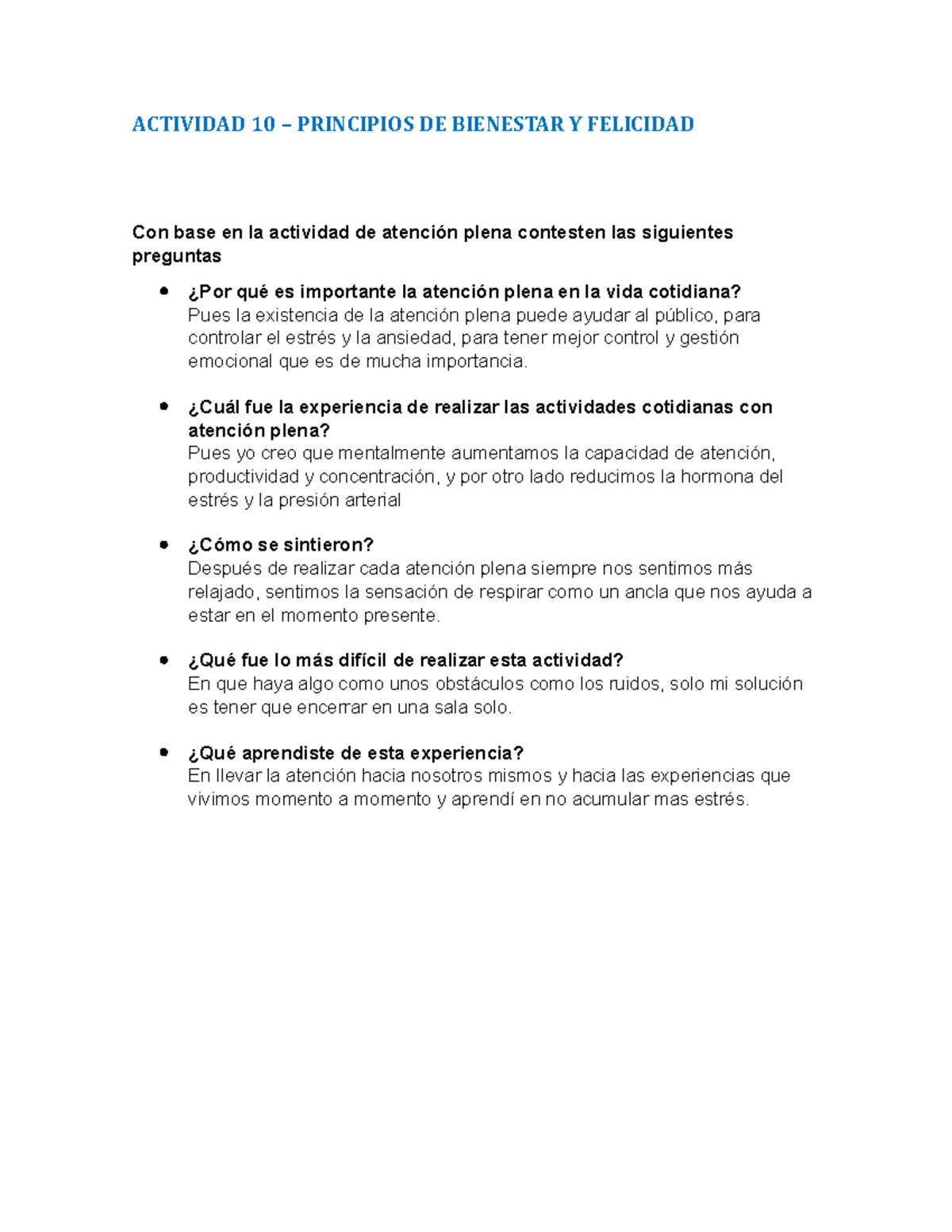 Actividad 10 - ACTIVIDAD 10 – PRINCIPIOS DE BIENESTAR Y FELICIDAD Con ...