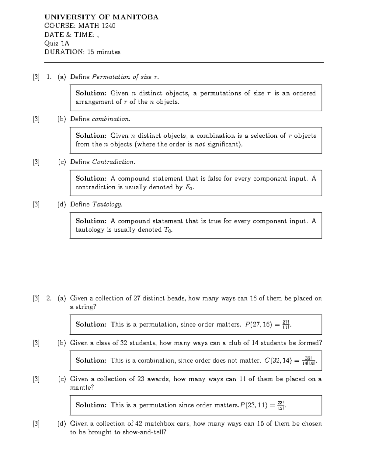 M1240 Q1 with Solutions - COURSE: MATH 1240 DATE & TIME: , Quiz 1A ...