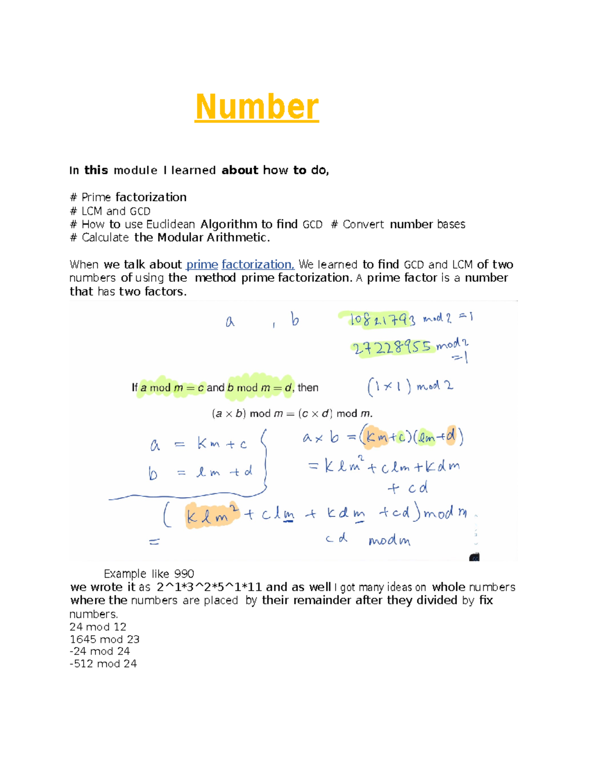 Number Theory Refelective Task (BSCP CS 52 098) - In this module I learned about how to do ...