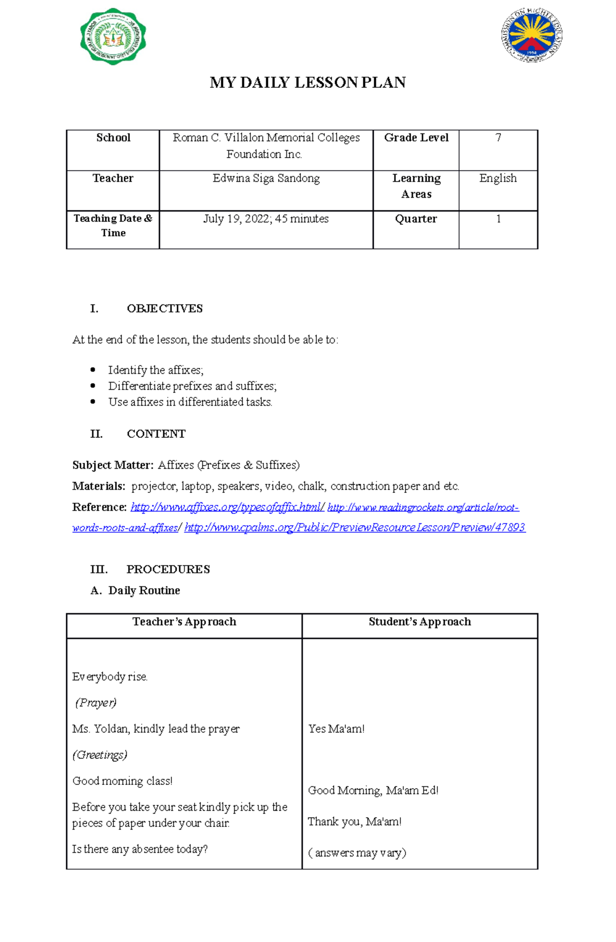 Finale Lesson-Plan-Affixes - MY DAILY LESSON PLAN School Roman C ...
