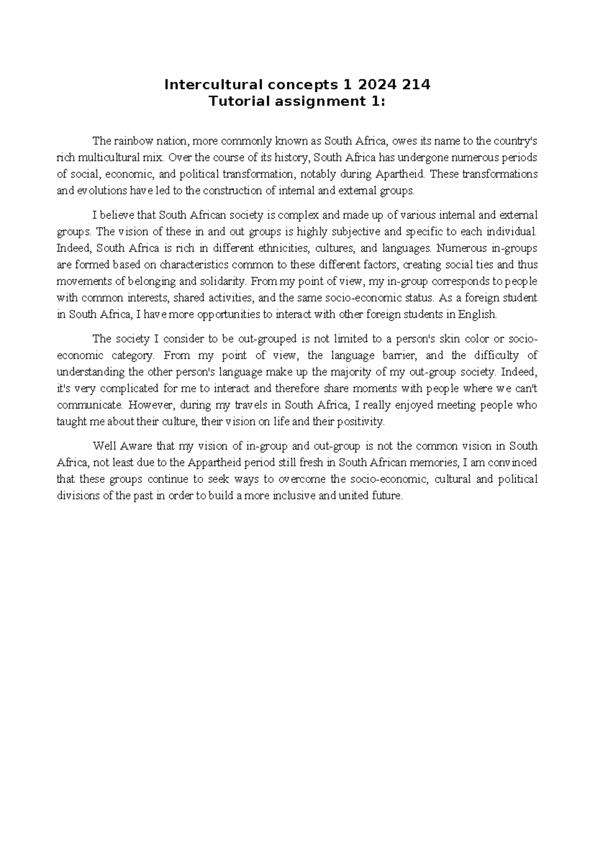 Assigment 1 - Intercultual concept - Intercultural concepts 1 2024 214 ...