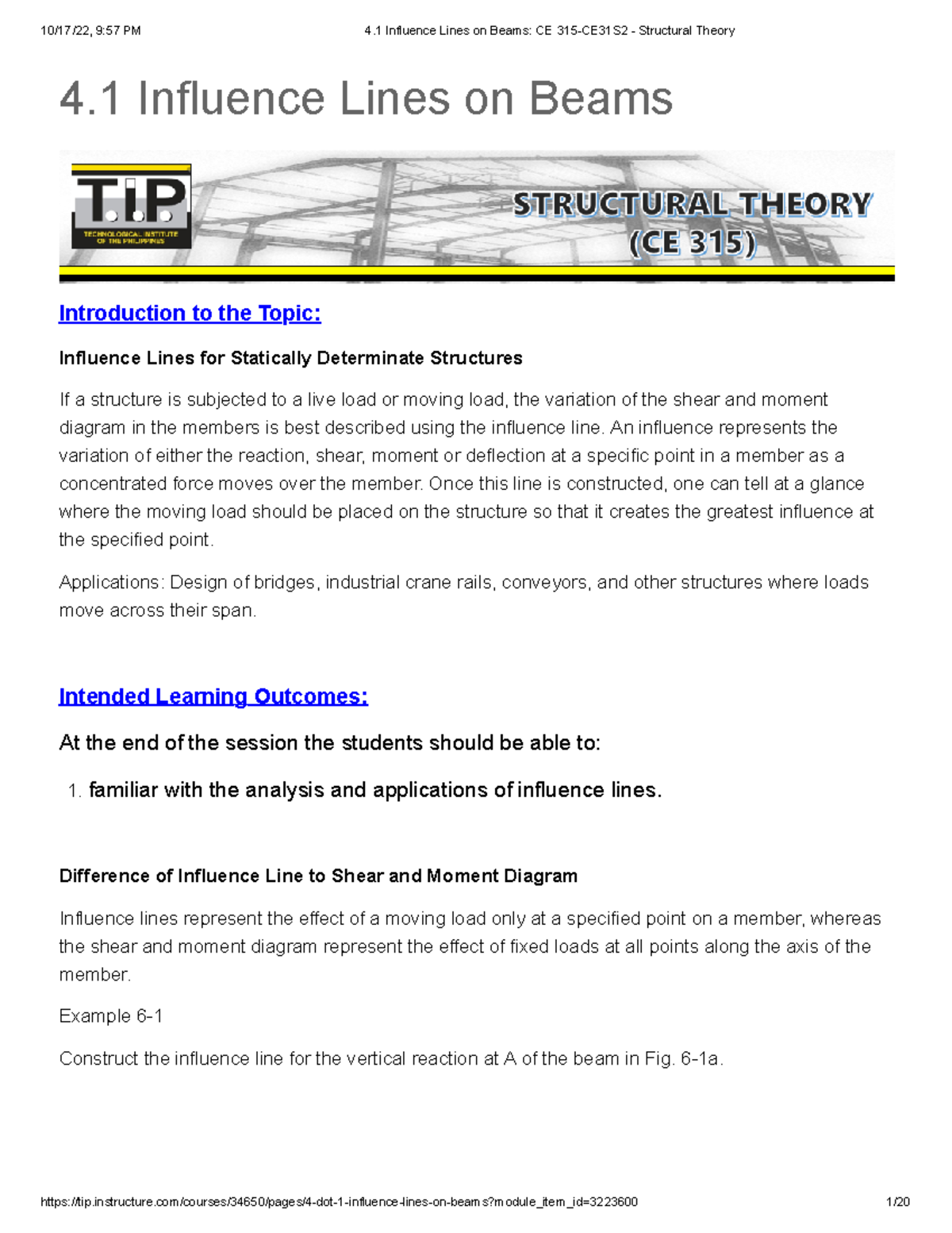 Influence Lines - An influence represents the variation of either the ...