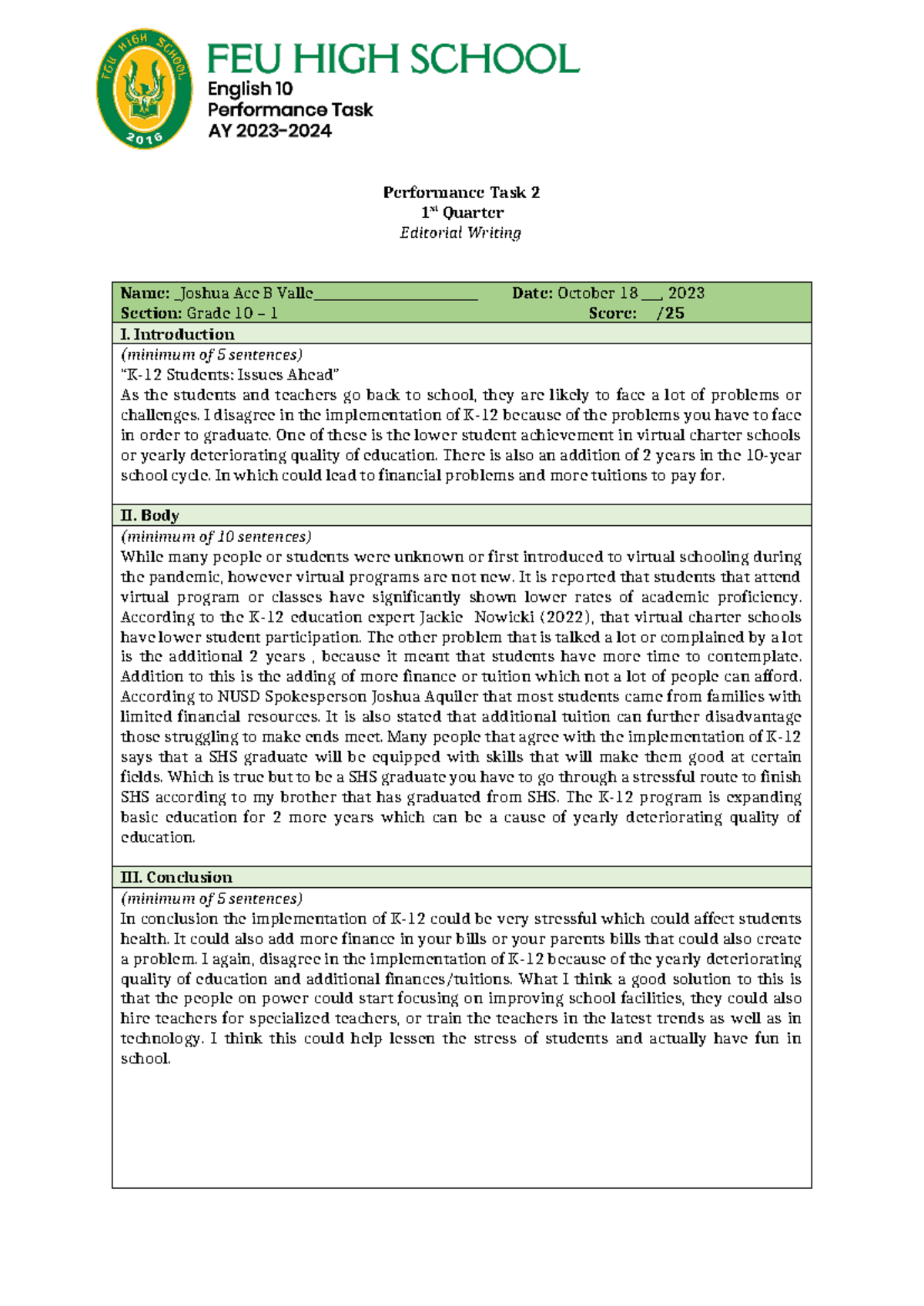 Valle, Peta - Performance Task 2 1 st Quarter Editorial Writing Name ...