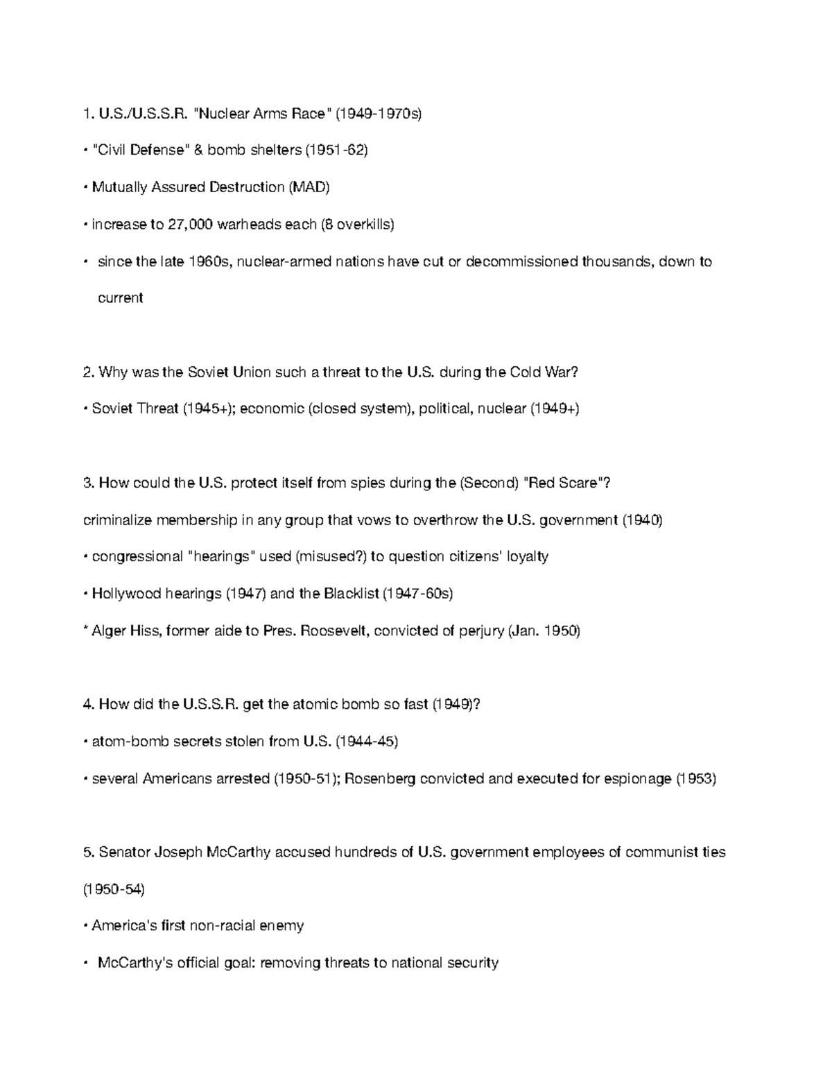 AMST 201 Cold War at Home the “Red Scare” - U.S./U.S.S. "Nuclear Arms ...