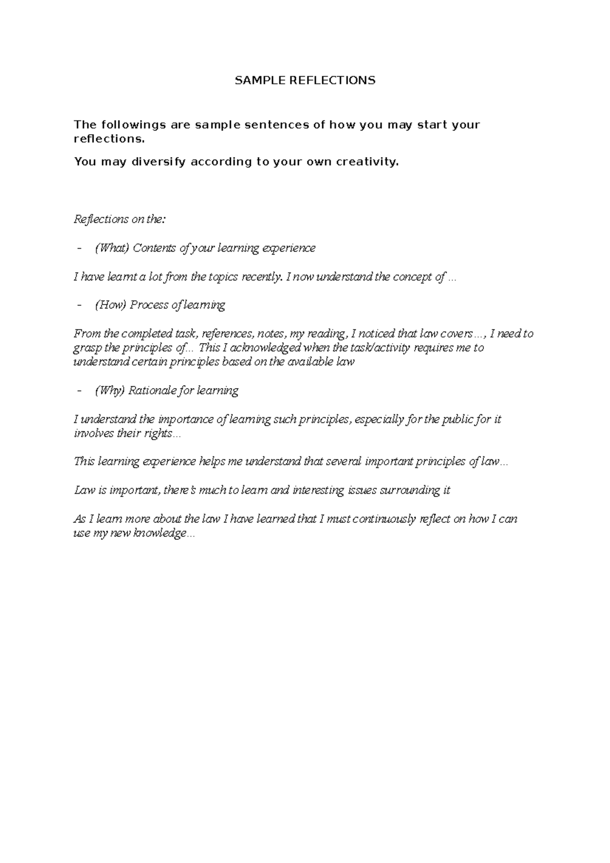 Sample Reflection LAW445 - SAMPLE REFLECTIONS The followings are sample ...