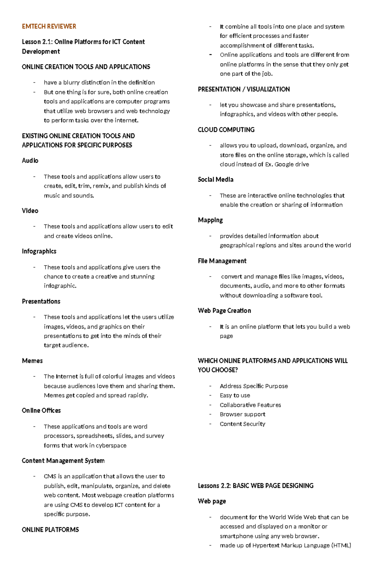 Emtech-finals-reviewer - EMTECH REVIEWER Lesson 2: Online Platforms for ICT Content Development ...