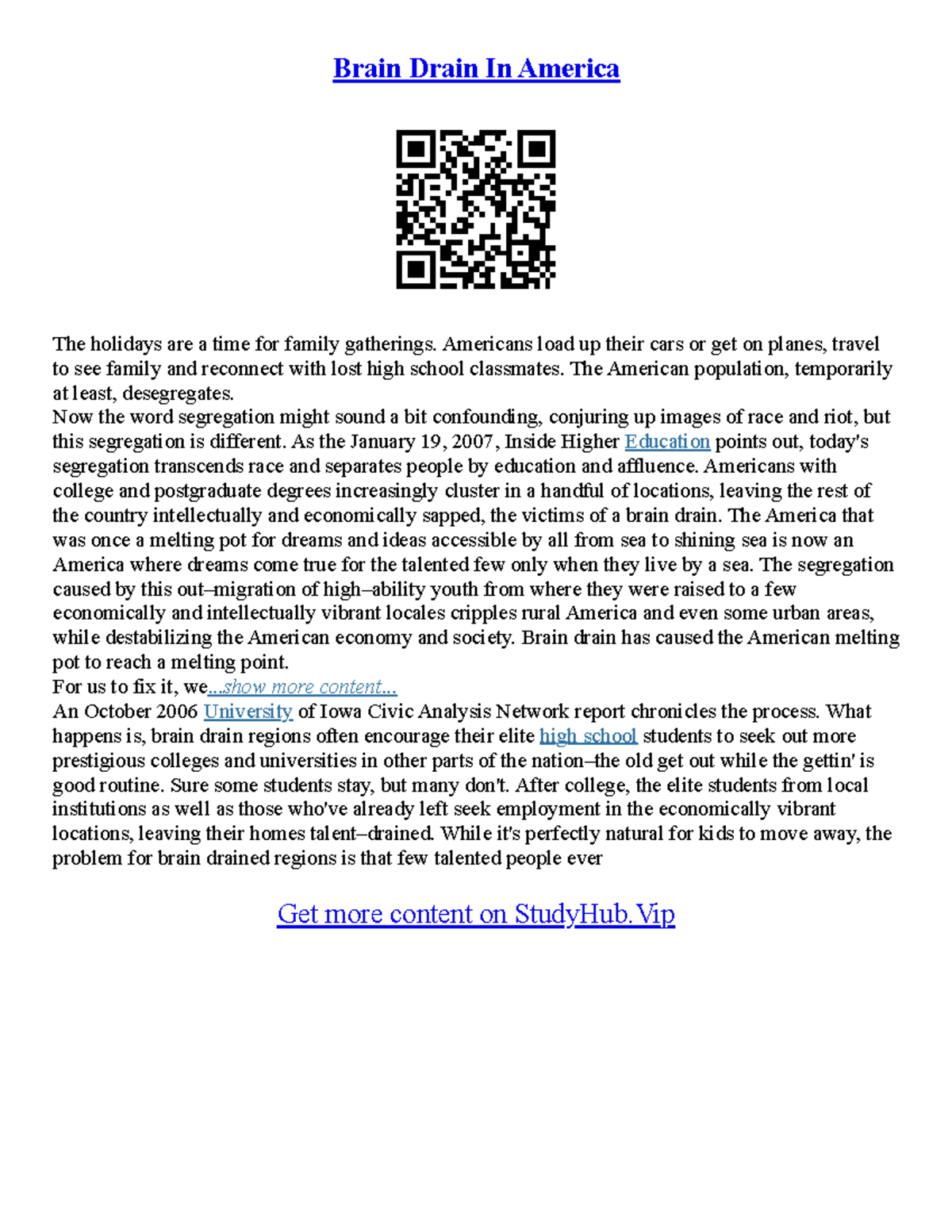 Essay Brain Drain - Brain Drain In America The holidays are a time for ...