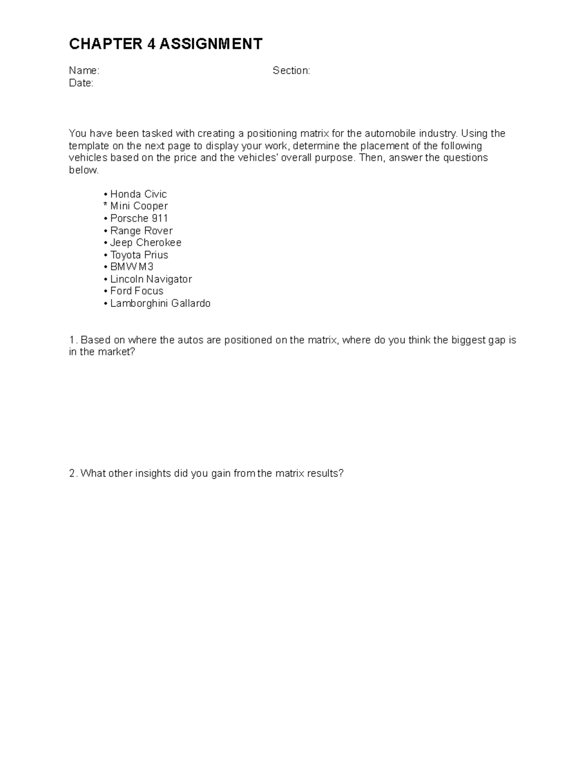 Chapter 4 Assignment - course info - CHAPTER 4 ASSIGNMENT Name: Section ...