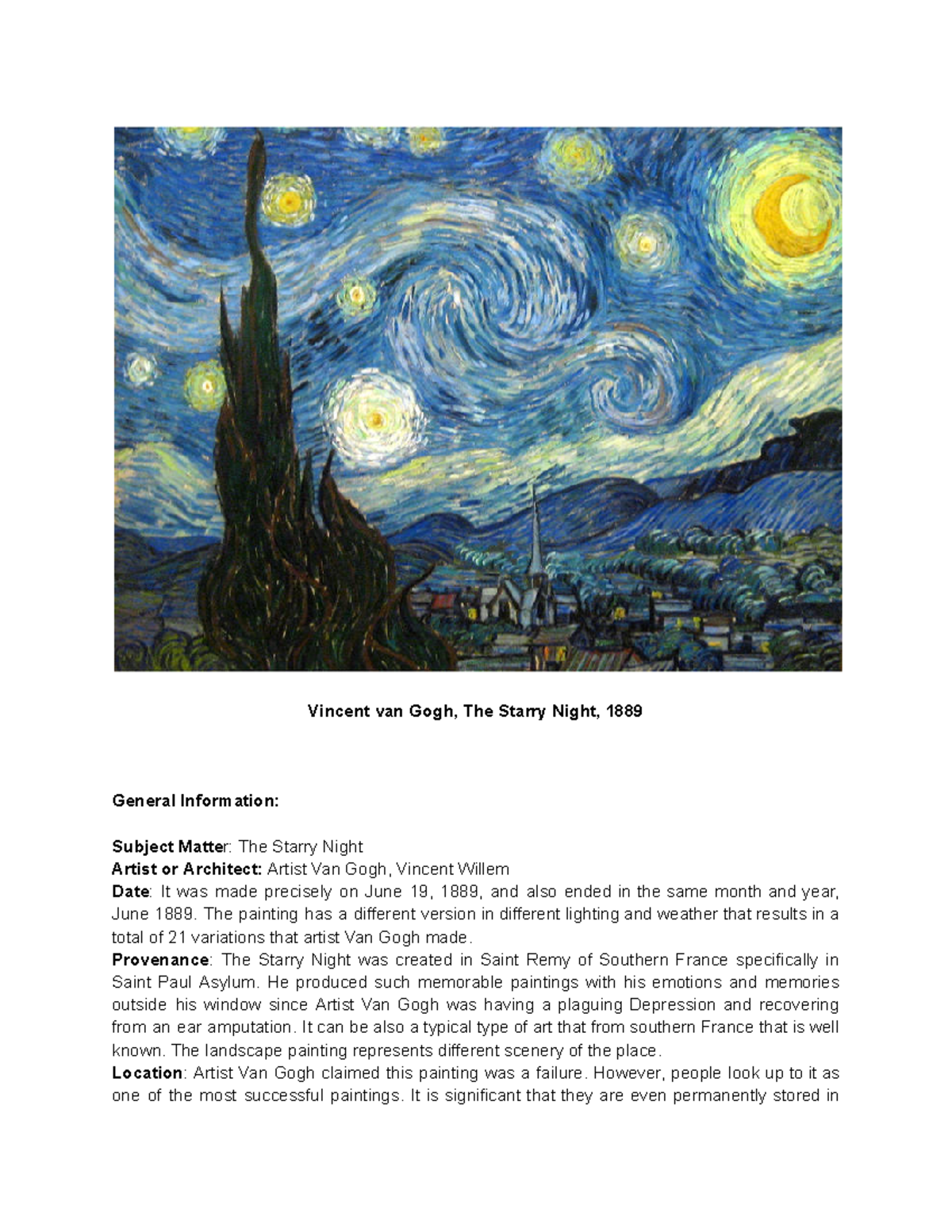 Vincent Van Gogh - n/a - Vincent van Gogh, The Starry Night, 1889 ...