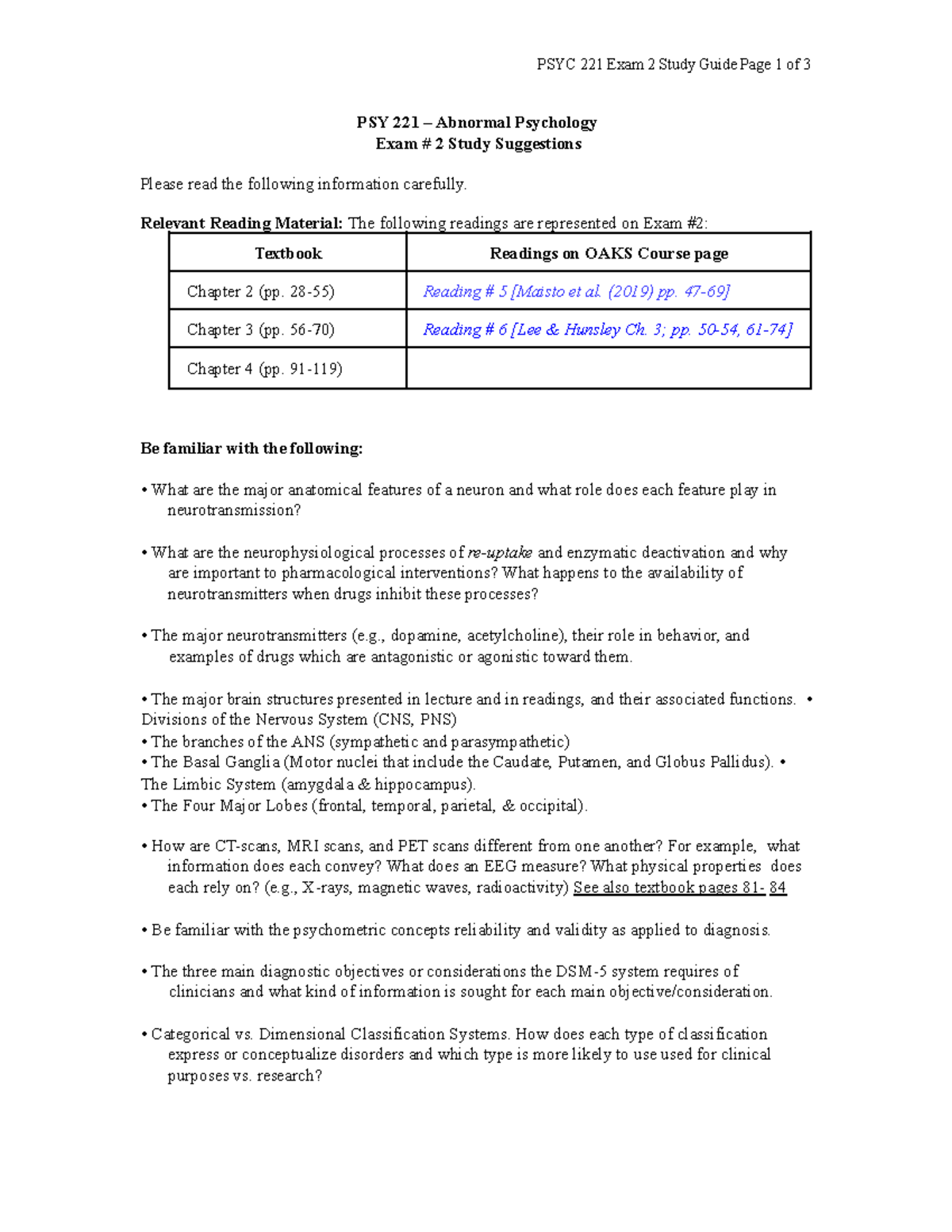 221 Study Guide Exam 2 (S22) - PSYC 221 Exam 2 Study Guide Page 1 of 3 PSY 221 – Abnormal ...