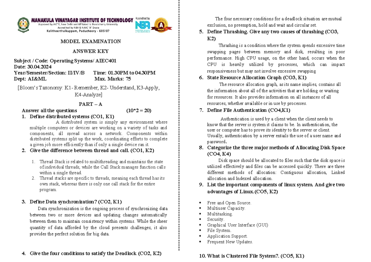 Os model exam answer key - MODEL EXAMINATION ANSWER KEY Subject / Code ...