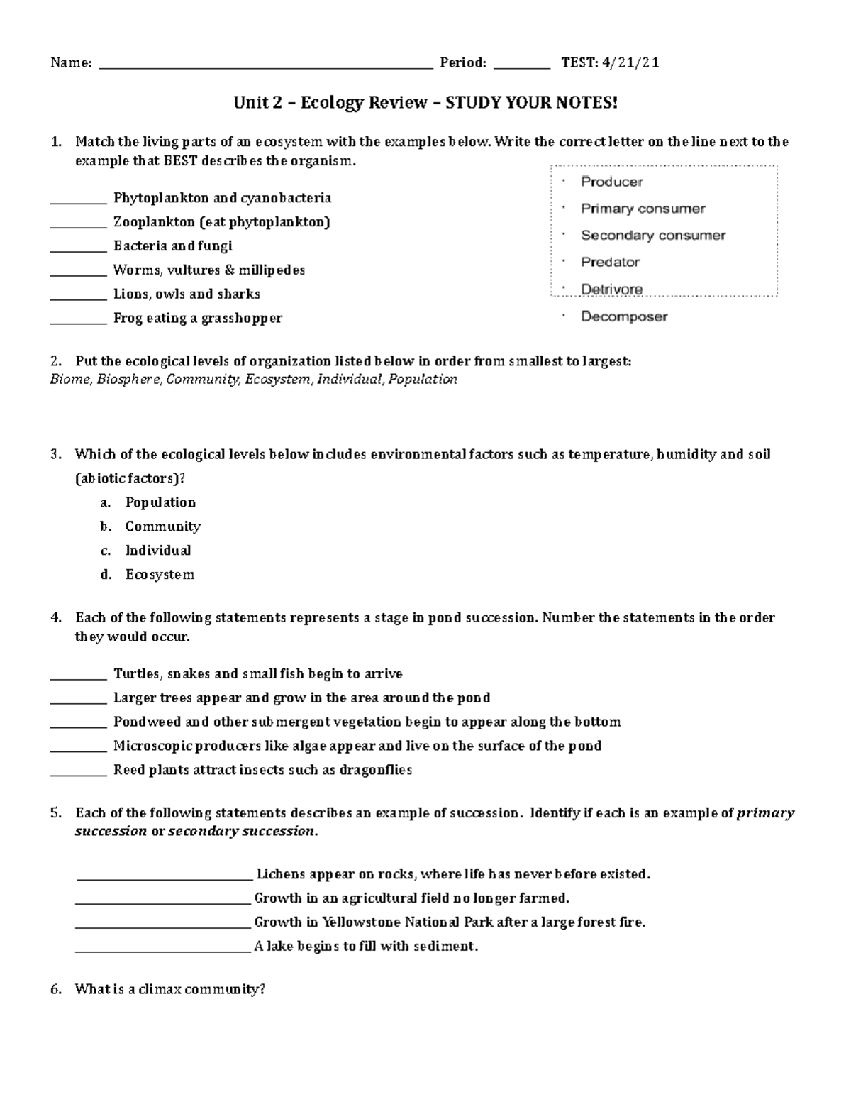 2023 Ecology Review - Name ...