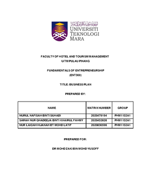 ENT300 Assignment Individual UITM business - FACULTY OF HOTEL AND ...