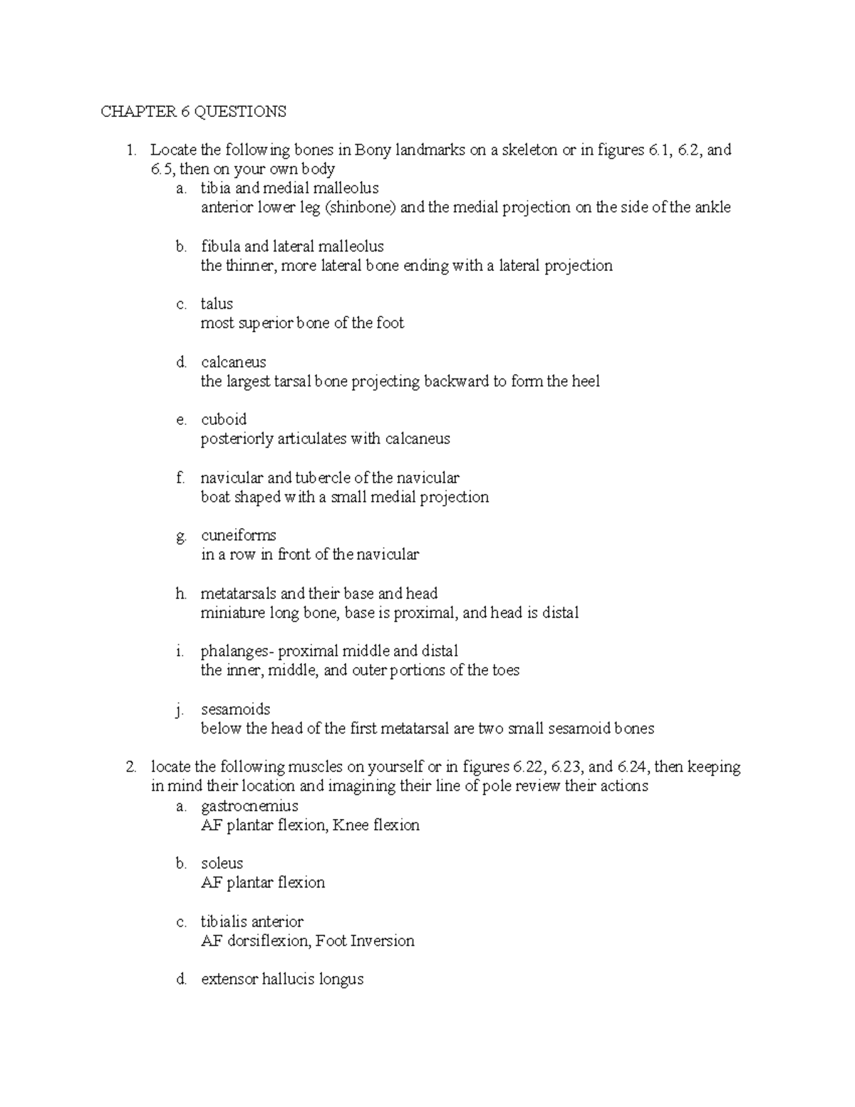 Chapter 6 Questions - CHAPTER 6 QUESTIONS Locate the following bones in ...