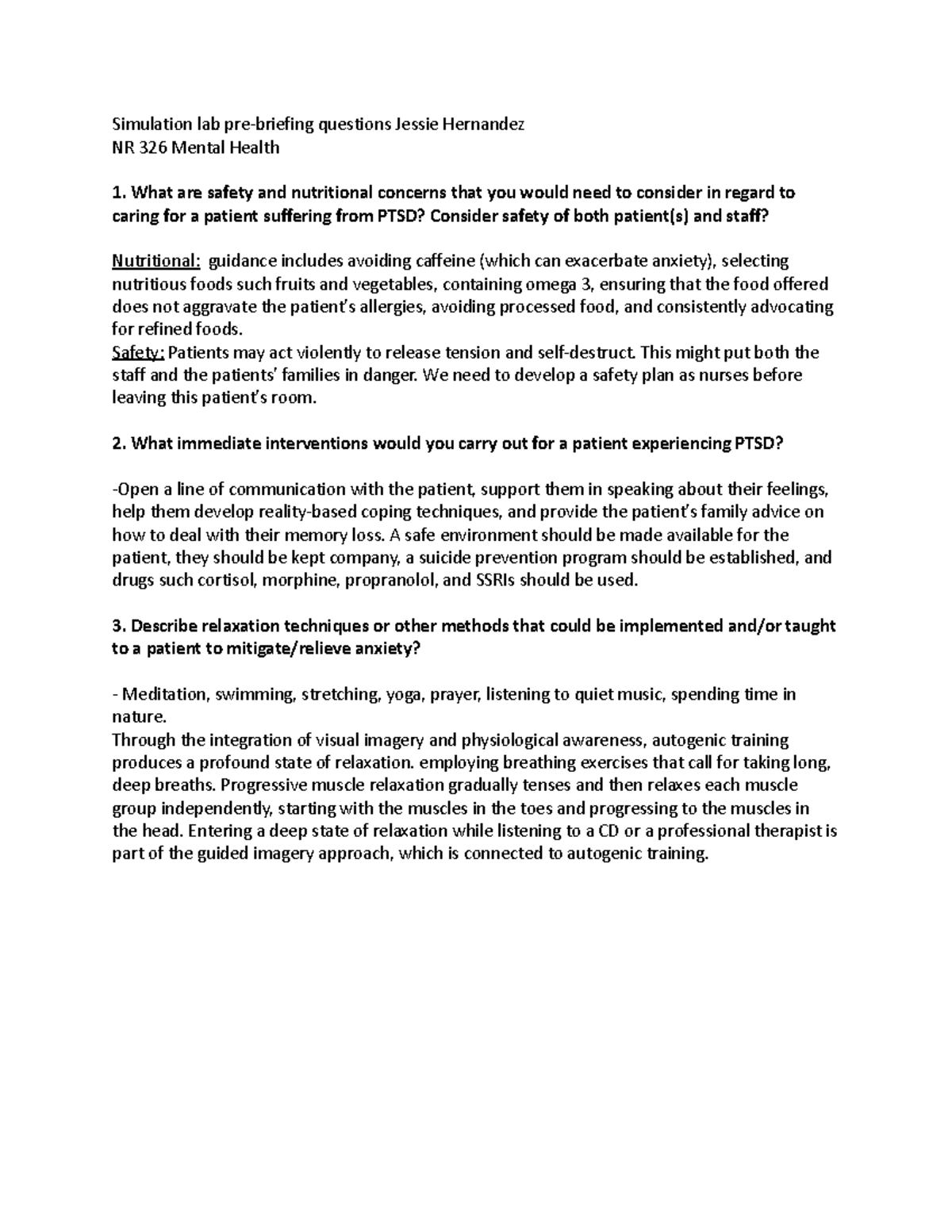 Simulation lab Jessie Hernandez - Simulation lab pre-briefing questions ...