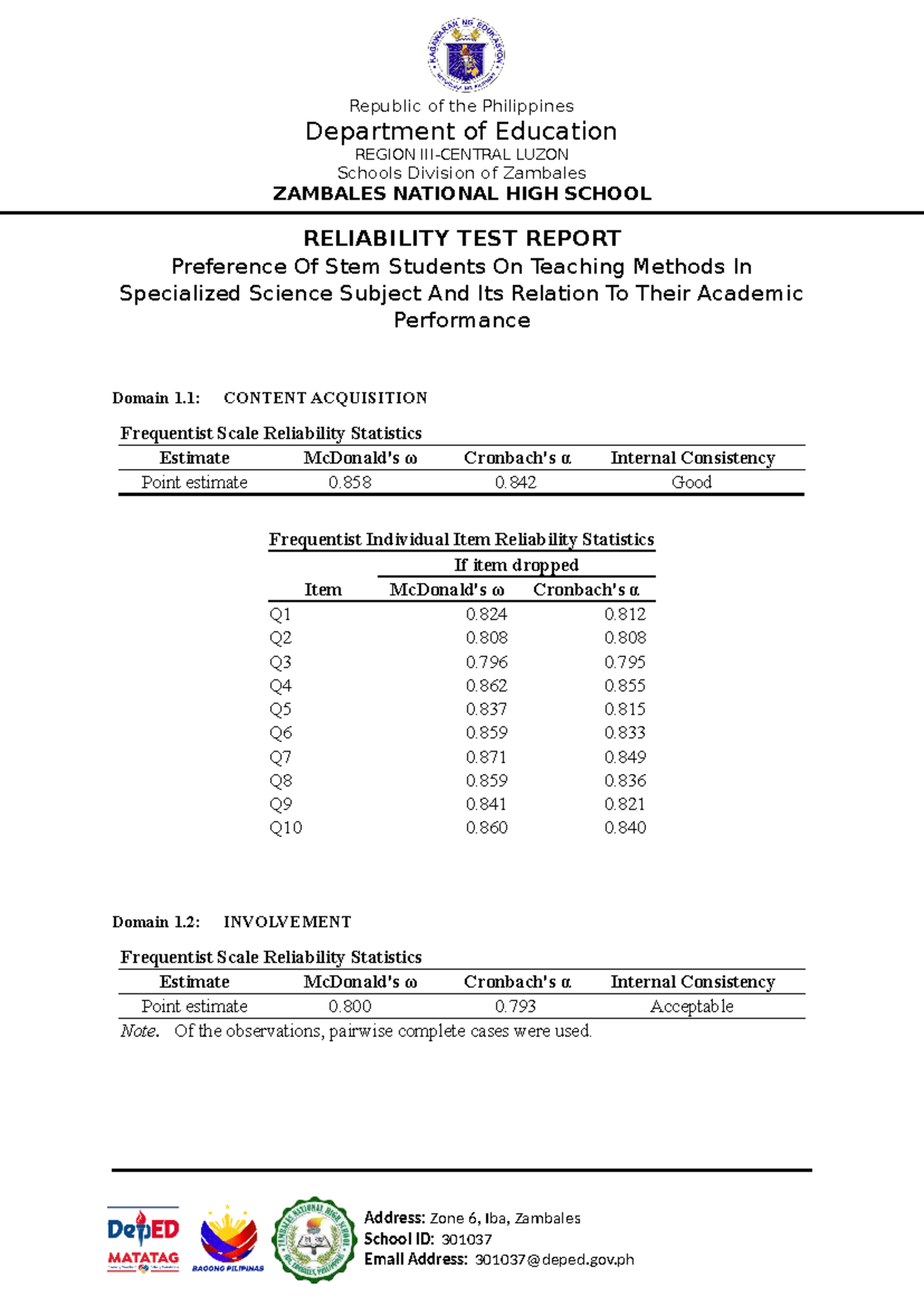 Reliability TEST Report Group 1 - Department of Education REGION III ...