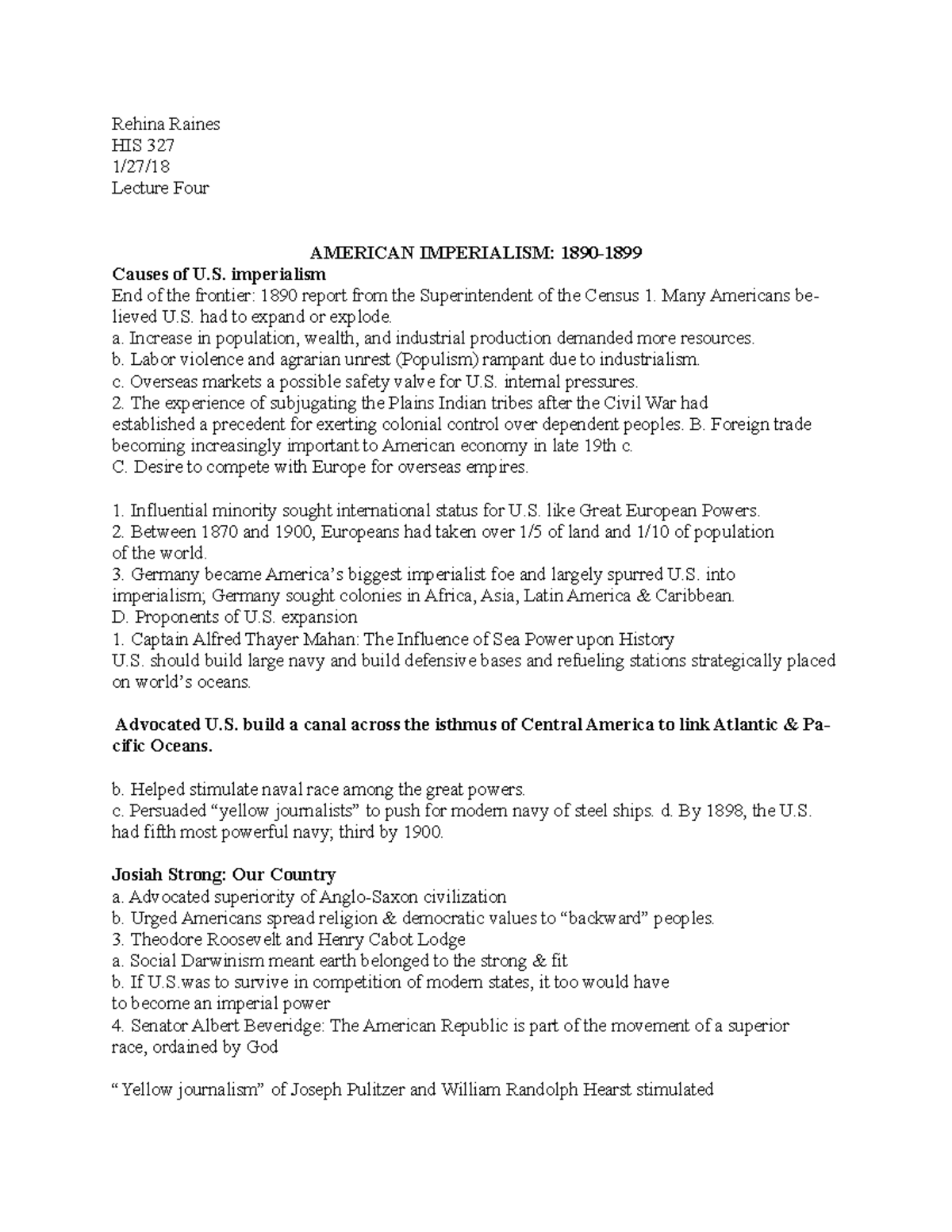 Lecture 4 notes - Rehina Raines HIS 327 Lecture Four AMERICAN ...