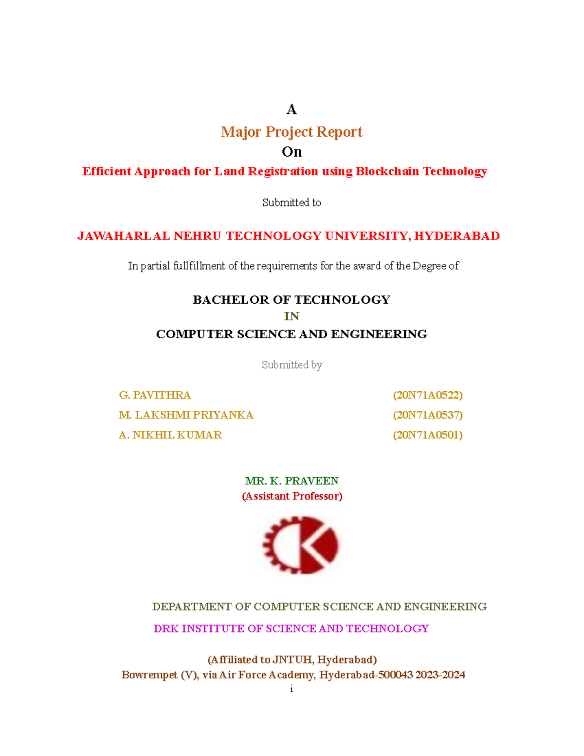 Documenttion front pages - A Major Project Report On Efficient Approach ...