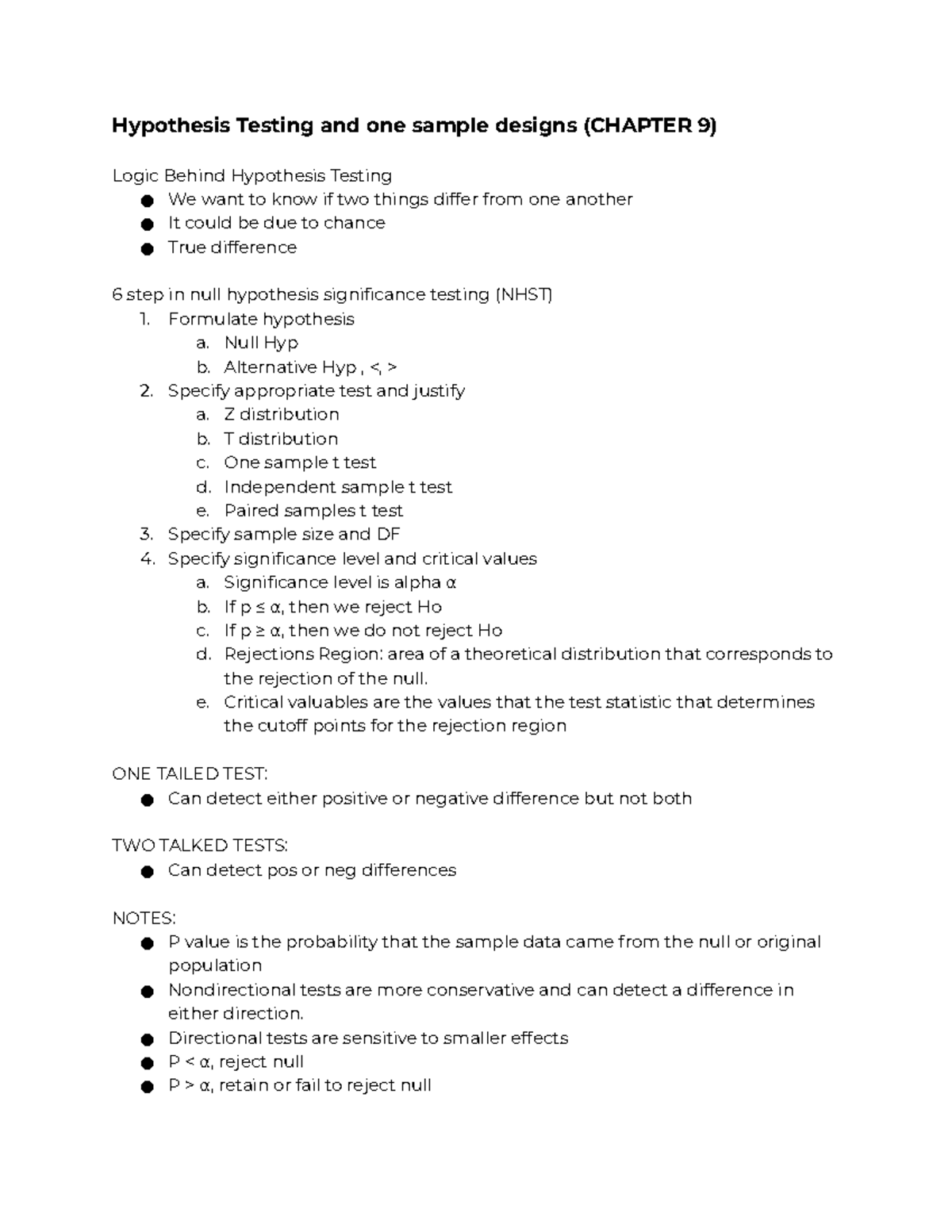 Notes for exam three - Hypothesis Testing and one sample designs ...