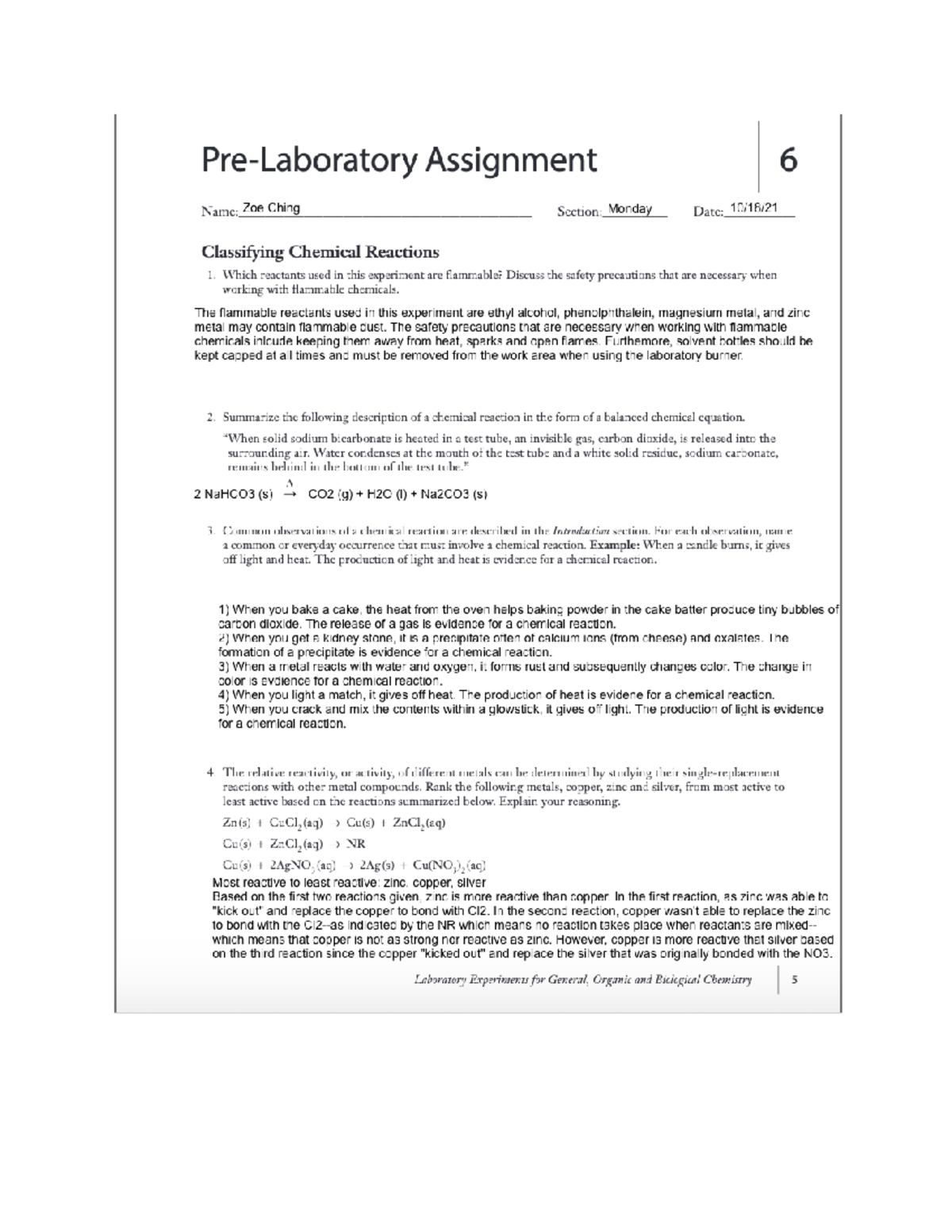 6 Chemical Reactions Pre-Lab - CHEM 1162 - Studocu