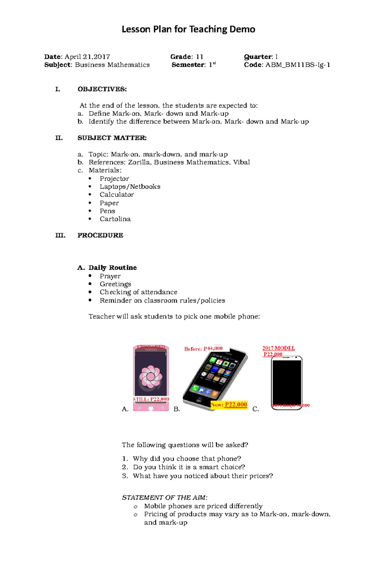 Lesson Plan in Business Mathematics - Lesson Plan for Teaching Demo ...