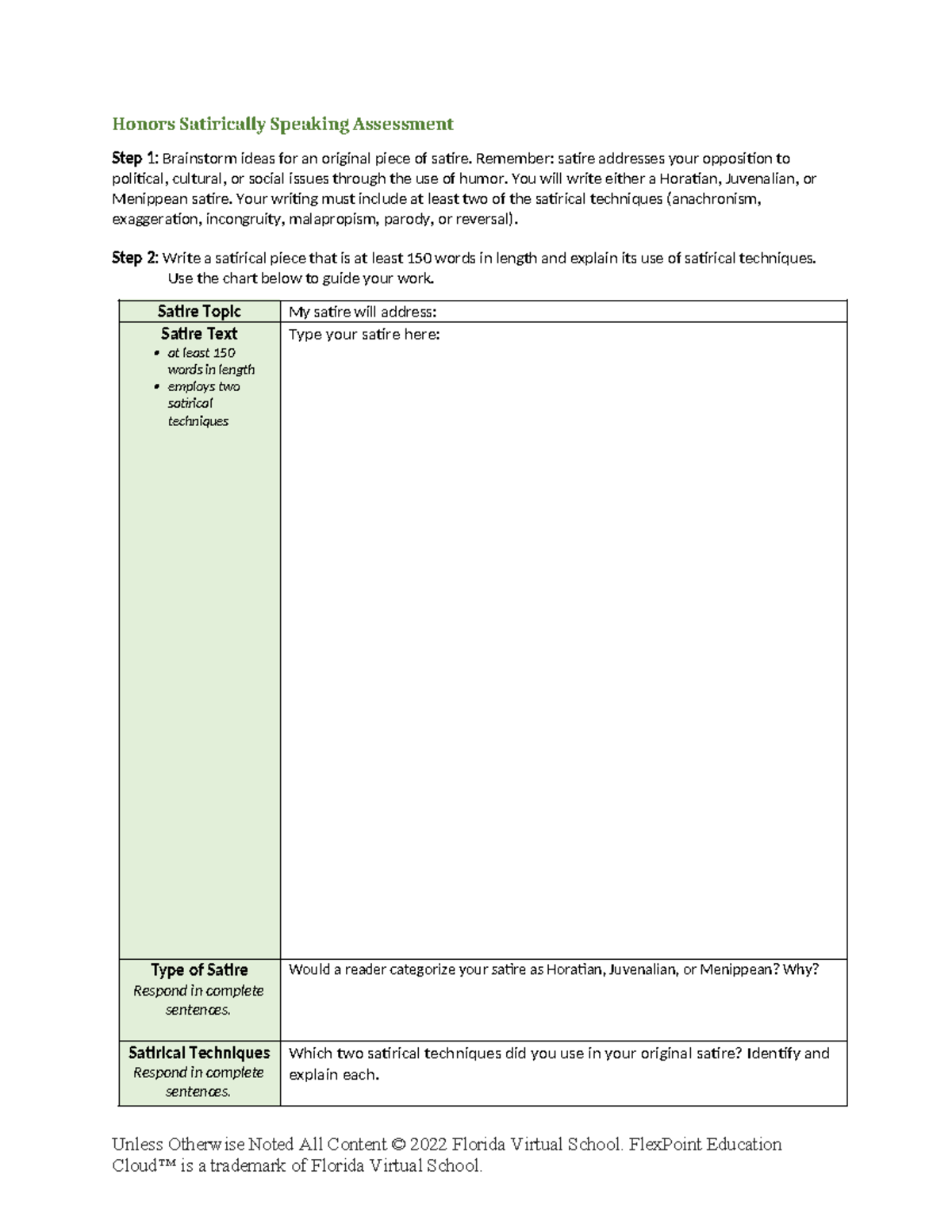 Satirically speaking rubric - Honors Satirically Speaking Assessment ...