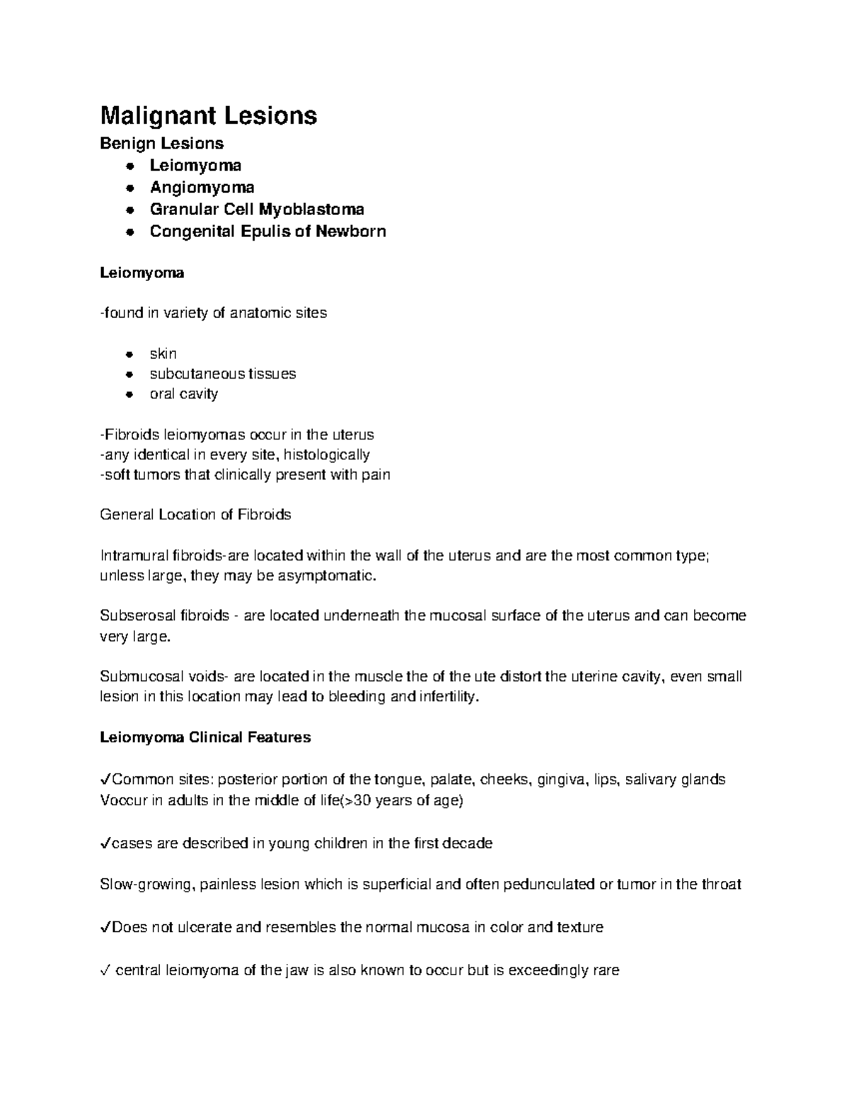 Oral path midterm - Lecture notes - Malignant Lesions Benign Lesions ...