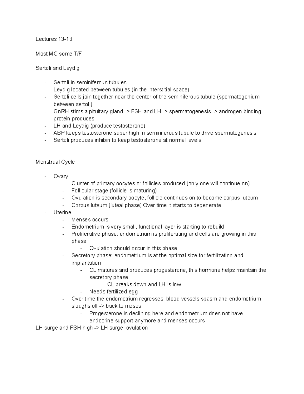 BIO 232 Exam 3 Review - Lectures 13- Most MC some T/F Sertoli and ...