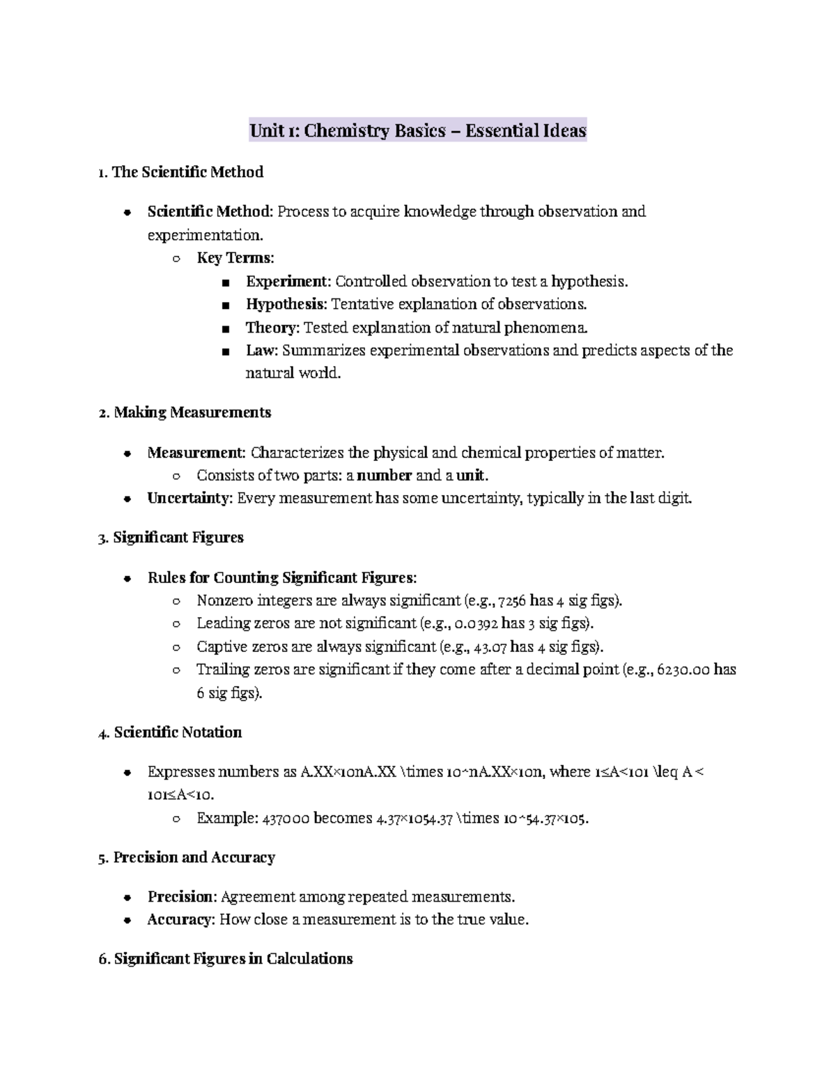 Chem 104 - unit 1/2 - Unit 1: Chemistry Basics – Essential Ideas 1. The ...
