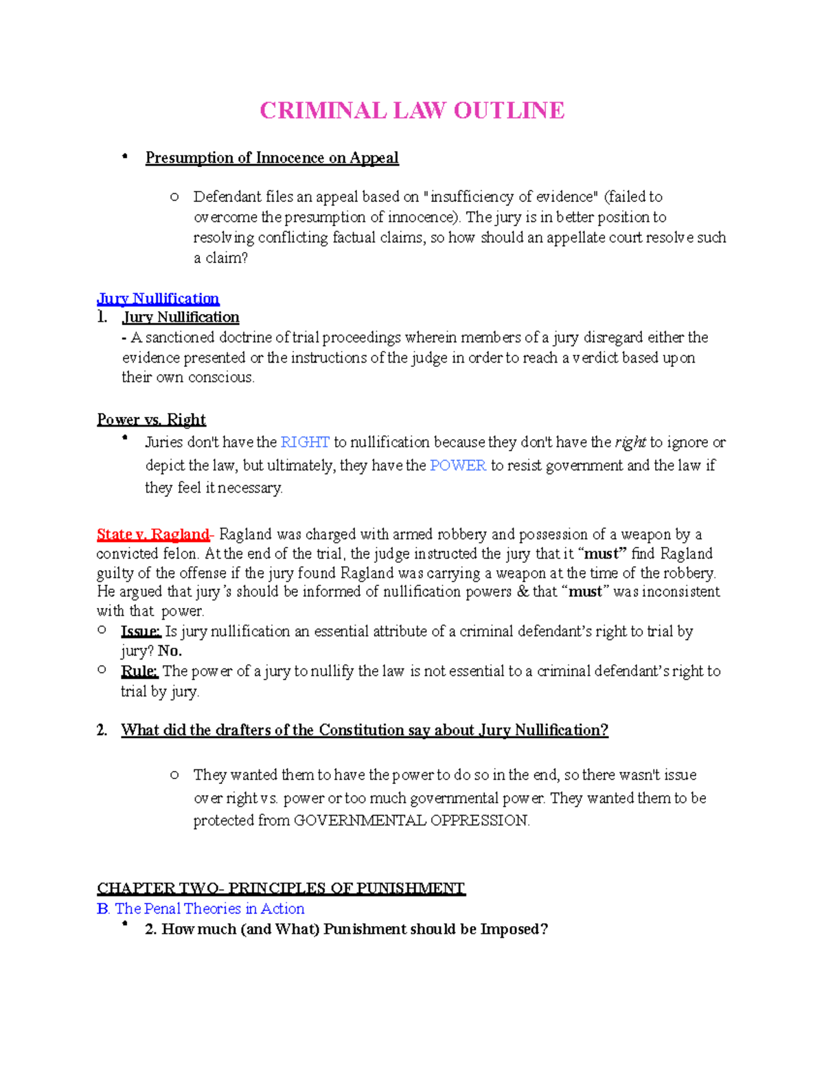 Criminal LAW Outline Jury Ch 1 - CRIMINAL LAW OUTLINE Presumption of ...