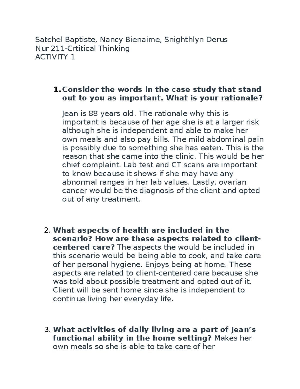 Acitvity 1- Jean - homework - Satchel Baptiste, Nancy Bienaime ...