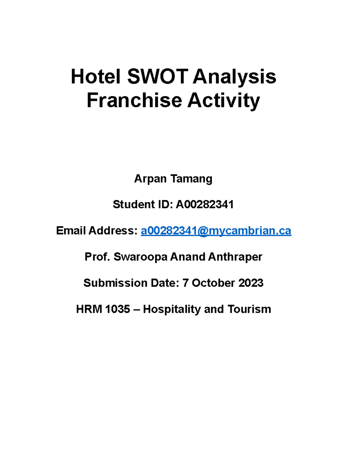 Arpan tamang assignment update - Hotel SWOT Analysis Franchise Activity ...
