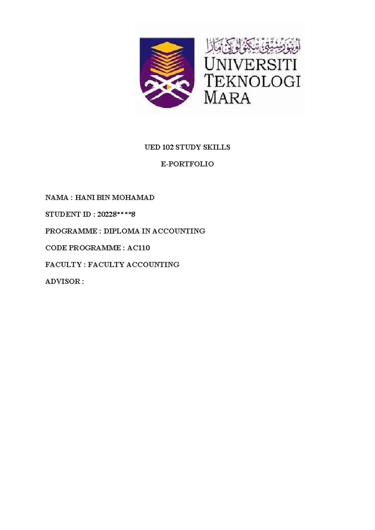 Ued102 - UED 102 STUDY SKILLS E-PORTFOLIO NAMA : HANI BIN MOHAMAD ...