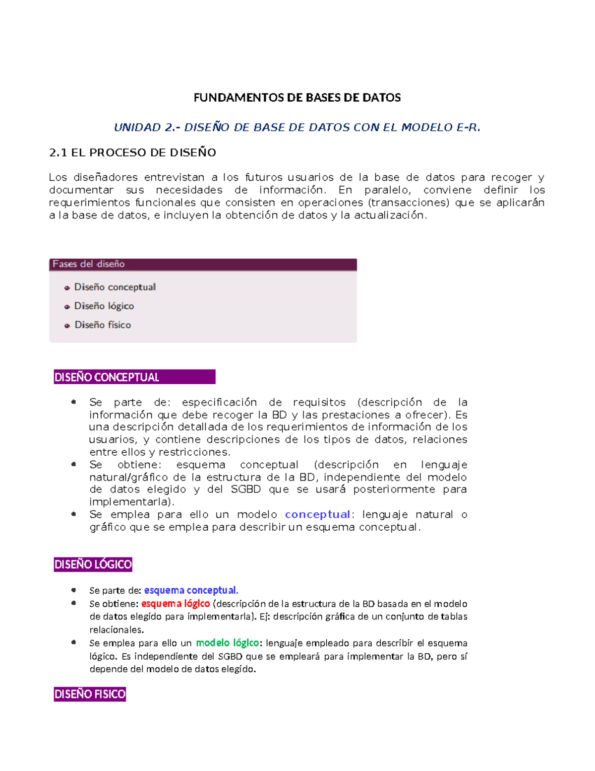 Unidad 2-Modelo entidad relacion-docente - FUNDAMENTOS DE BASES DE DATOS UNIDAD 2.- DISEÑO DE ...
