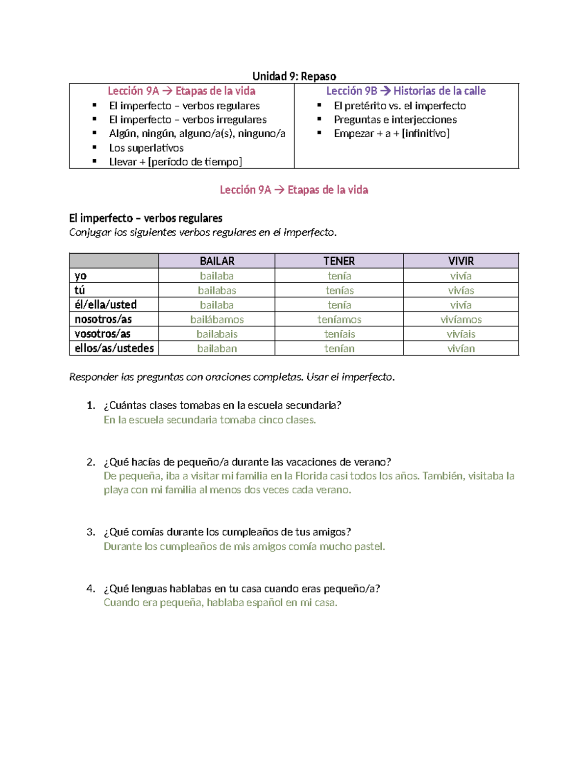 Repaso+Unidad+9+-+Respuestas - Unidad 9: Repaso Lección 9A Etapas de la ...