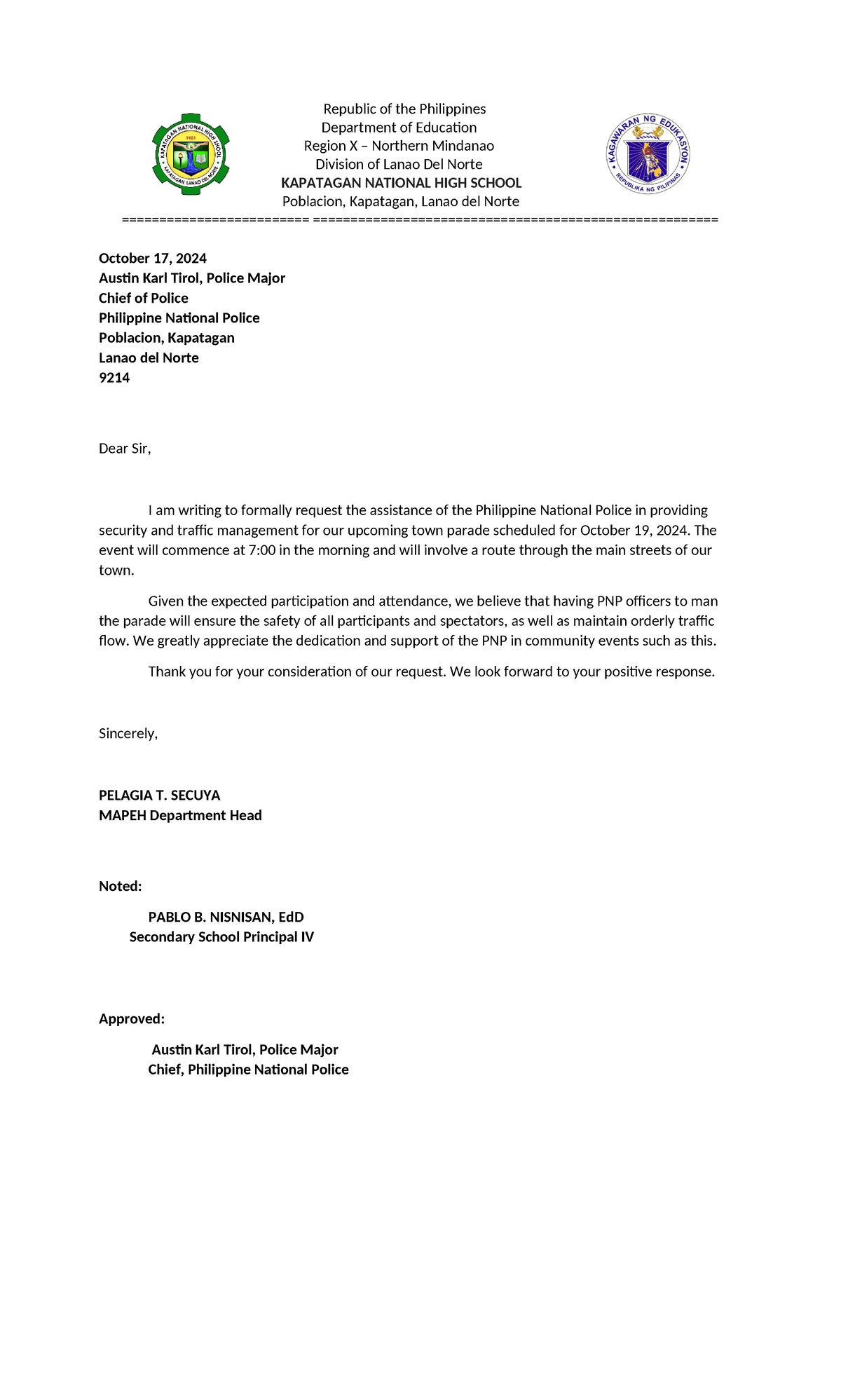 Letter Request - LECTURE - Republic of the Philippines Department of ...