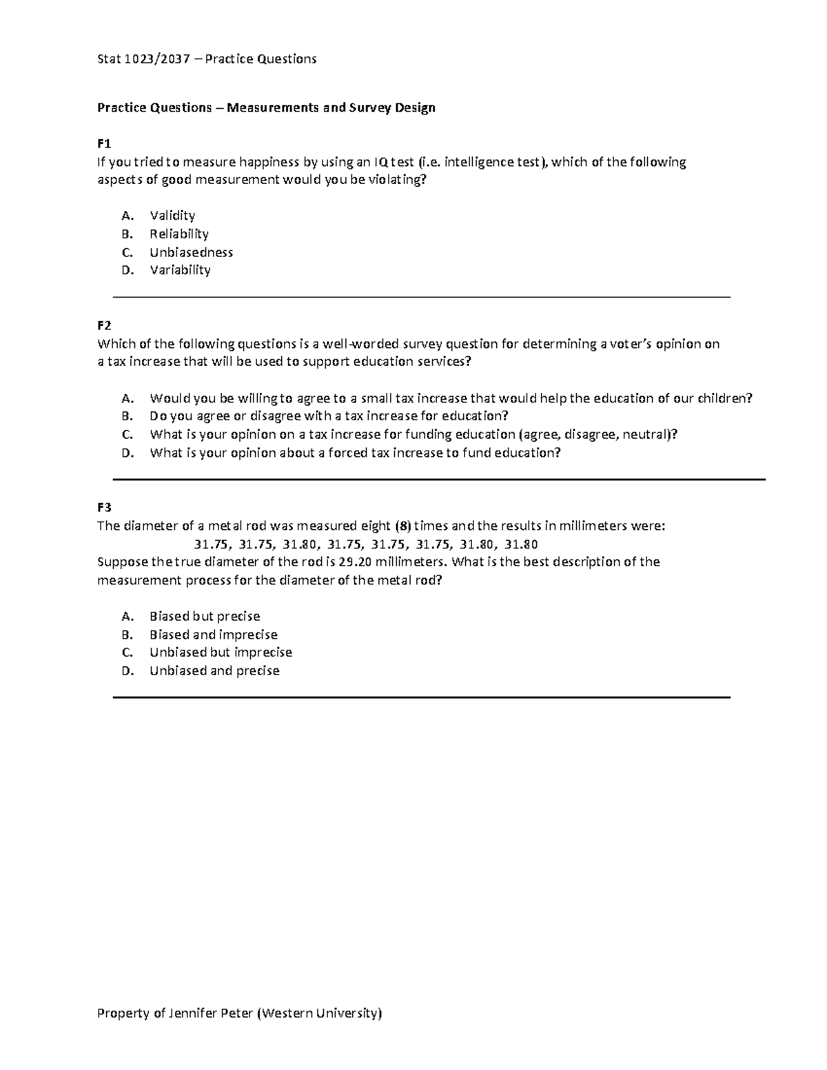 03-Practice Questions-Measurements Survey Design - Practice Questions ...