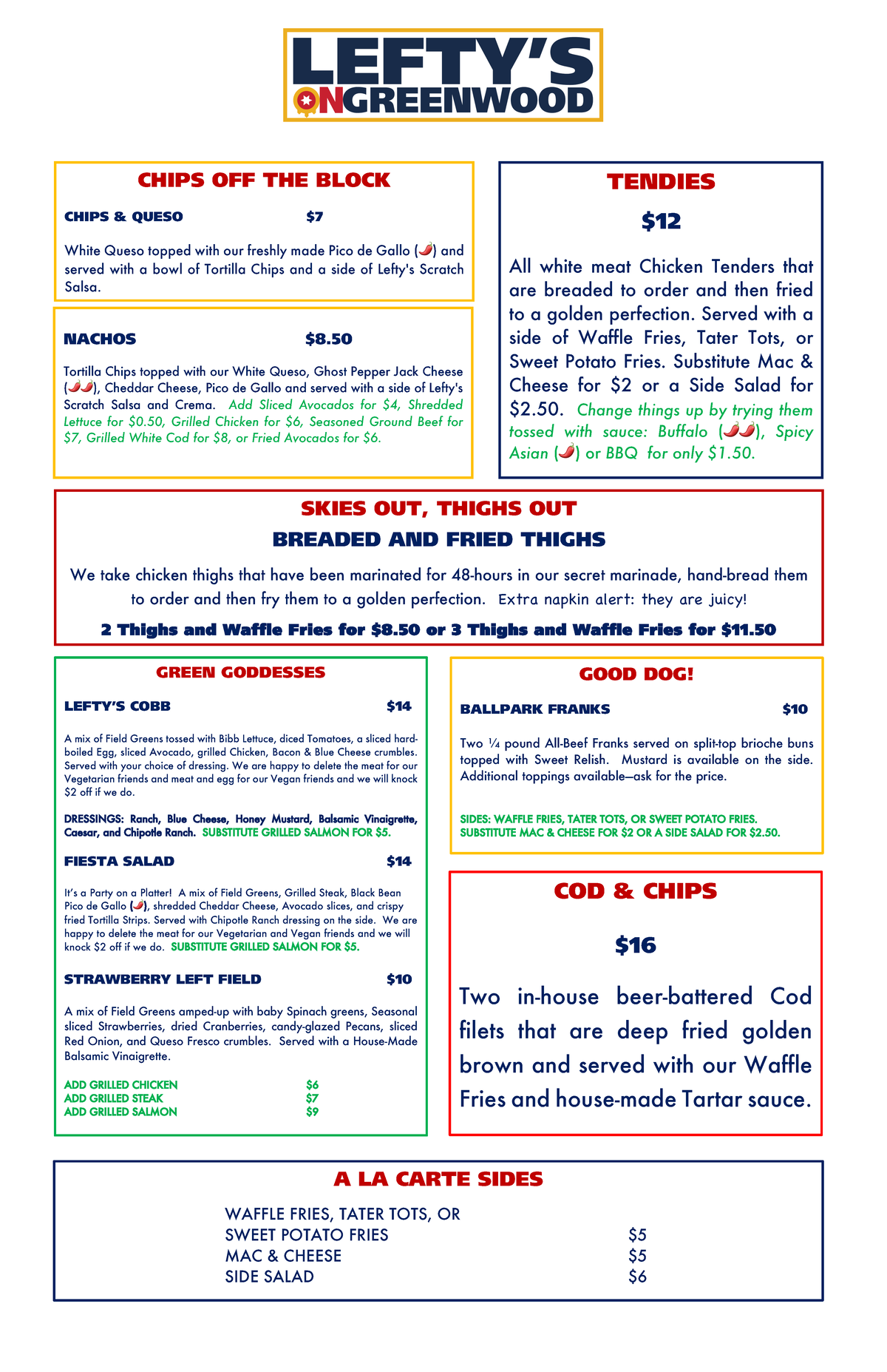 Lefty's Menu - Yum yum - CHIPS OFF THE BLOCK CHIPS & QUESO $ White ...