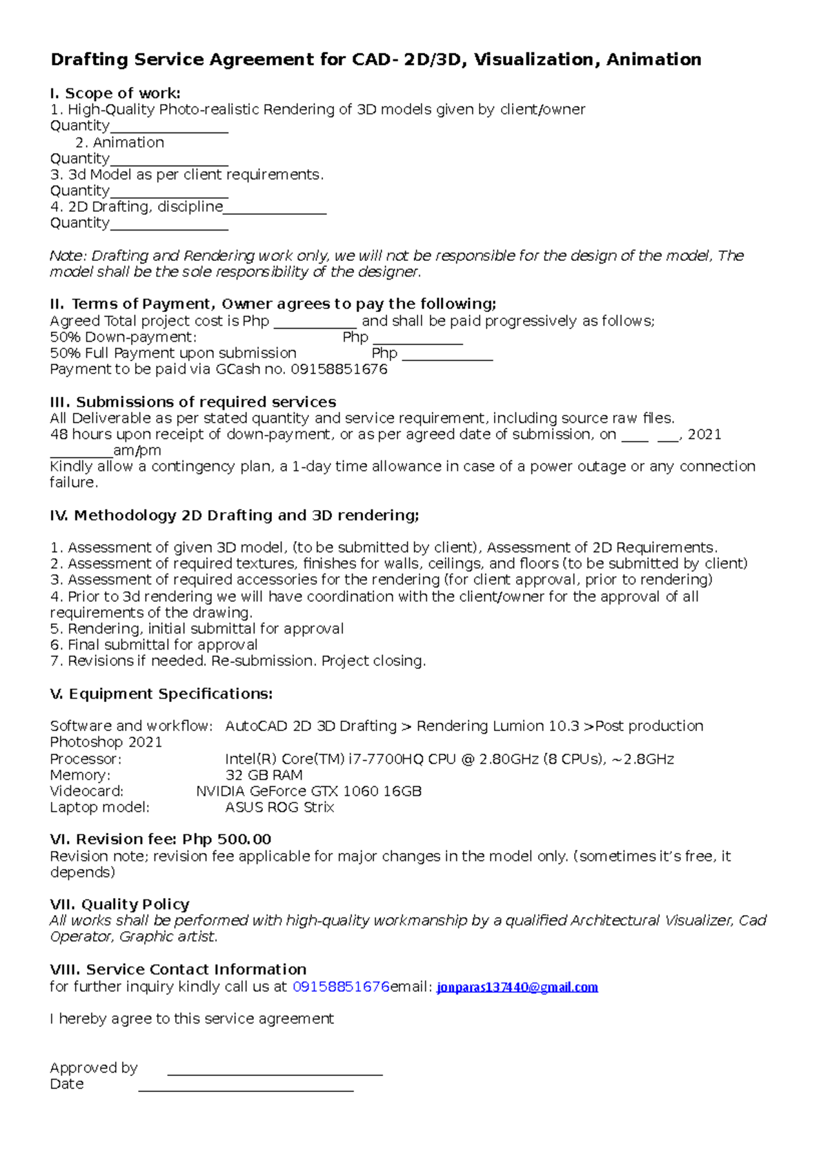 Drafting Service Agreement for CAD - Scope of work: High-Quality Photo ...