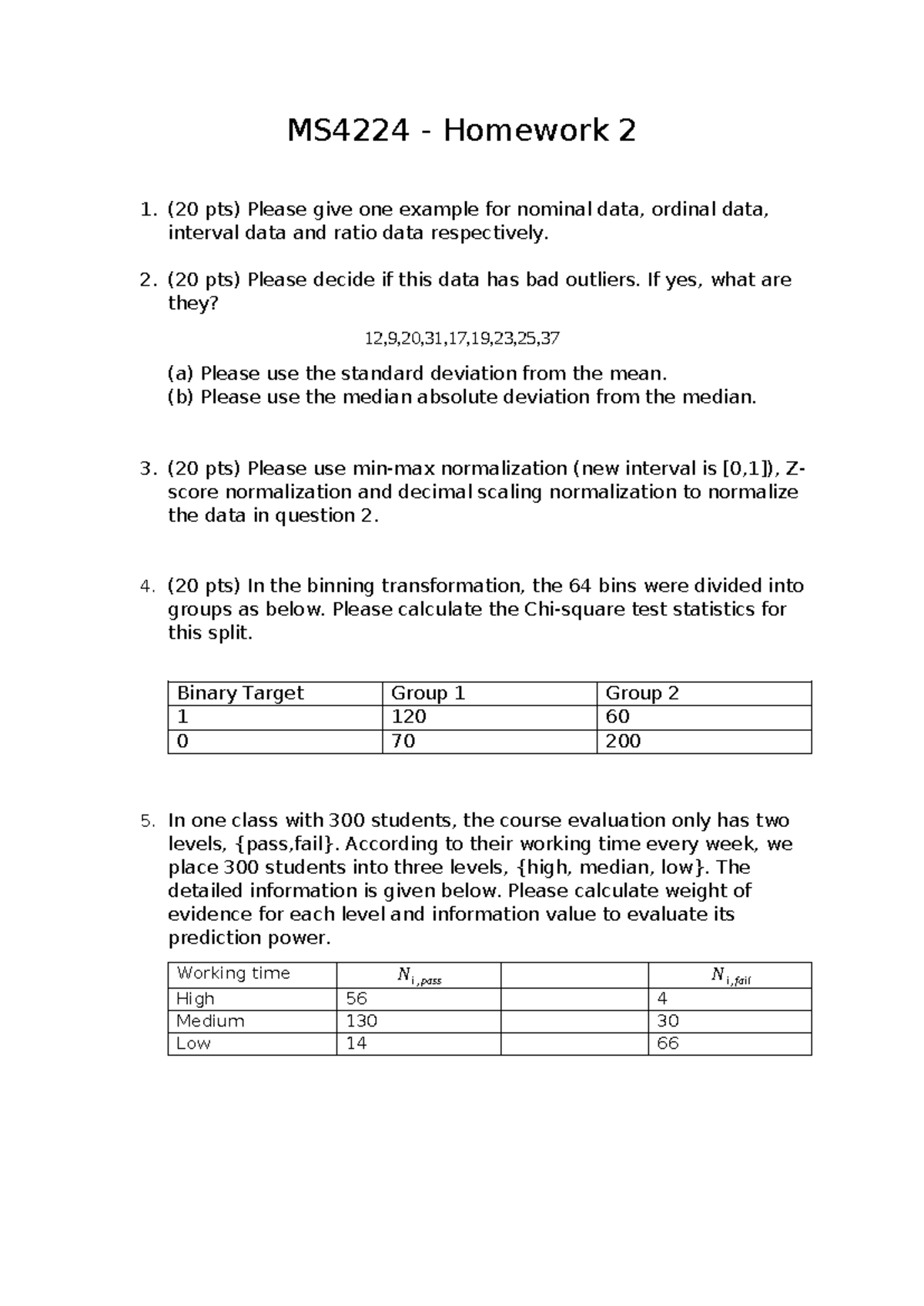 HW2 - homework2 - MS4224 - Homework 2 1. (20 pts) Please give one example for nominal data ...