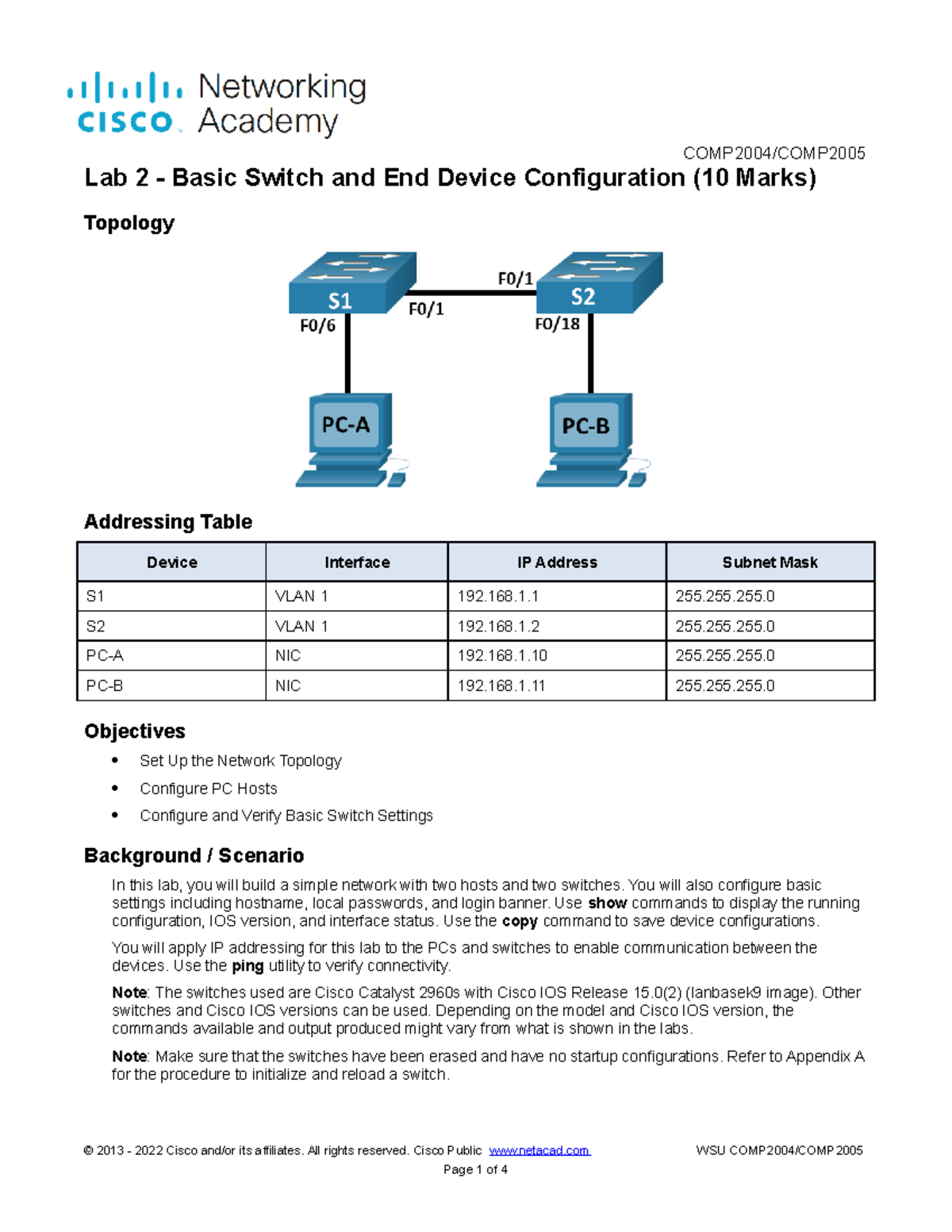 Lab2 CN22 - wetwtqerqrqrqe - COMP2004/COMP Lab 2 - Basic Switch and End Device Configuration (10 ...