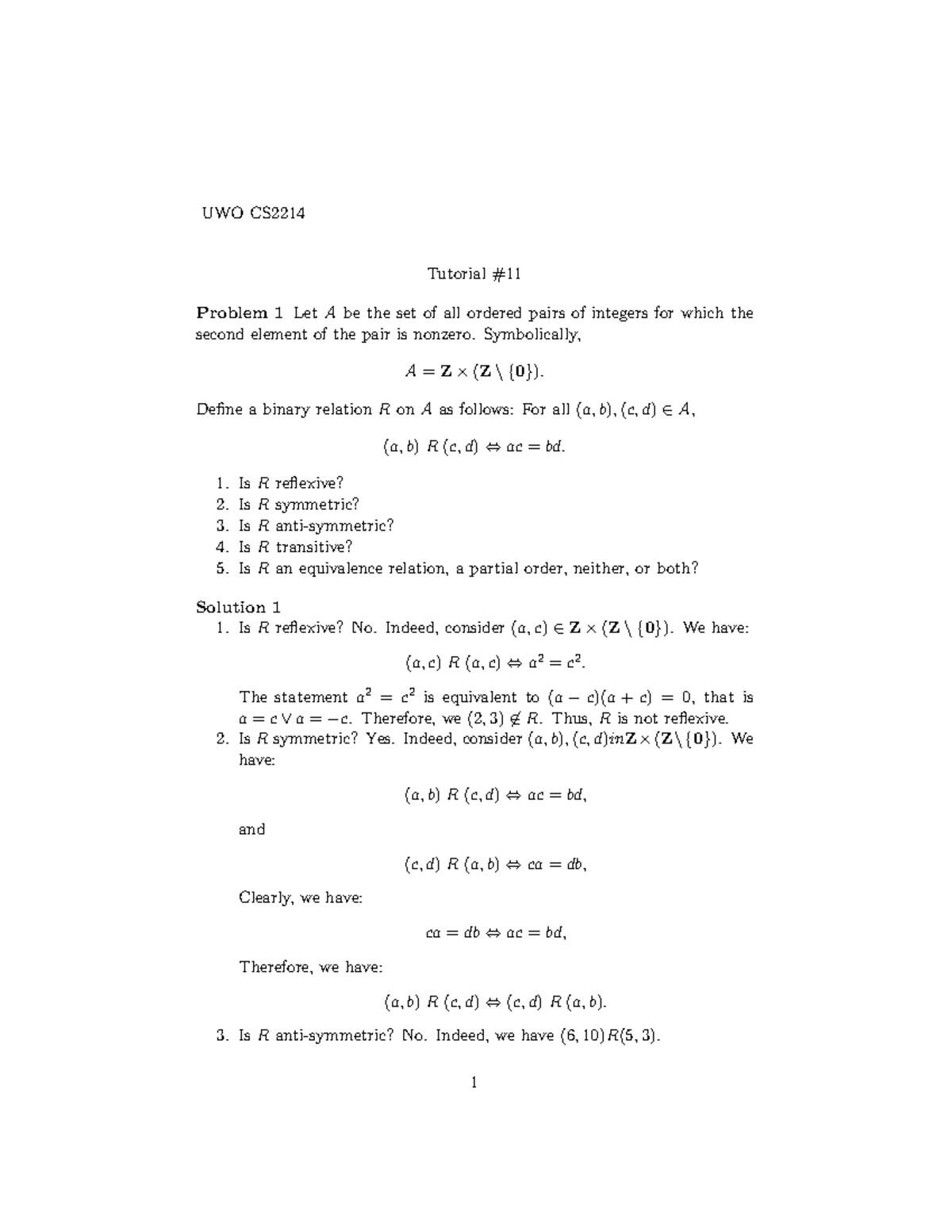 week11 - tutorial - UWO CS Tutorial # Problem 1LetAbe the set of all ordered pairs of integers ...